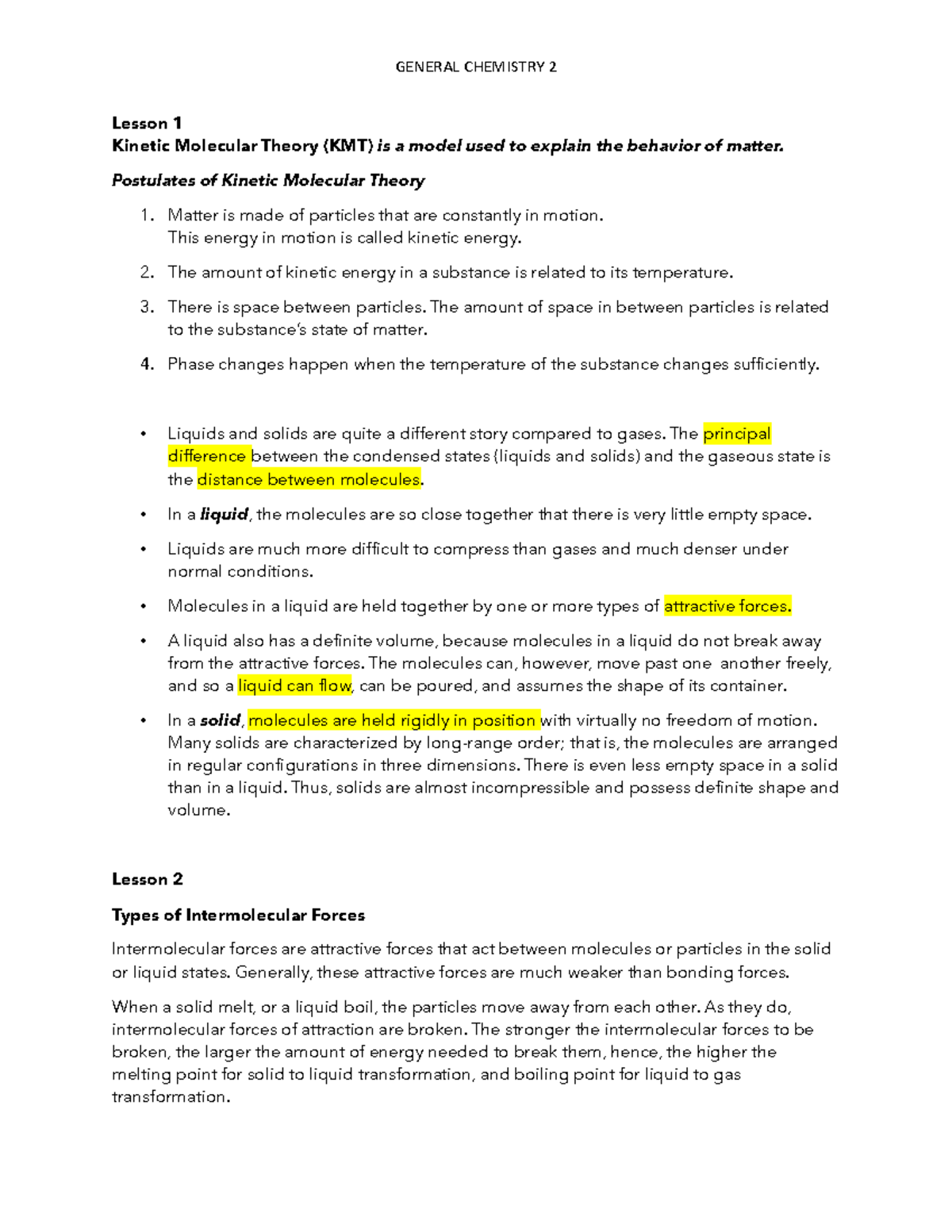 CHEM 2 - Lesson Handouts - Lesson 1 Kinetic Molecular Theory (KMT) is a ...