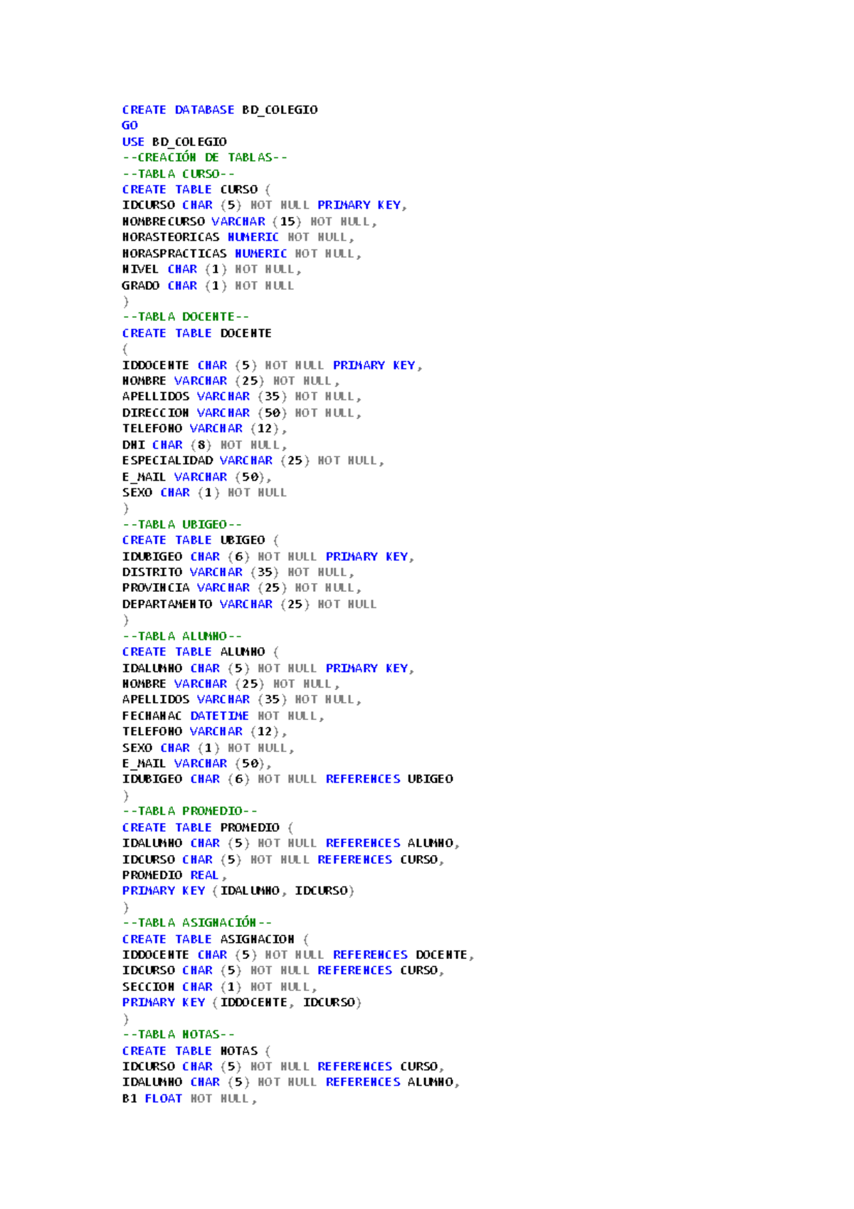 Ejemplo de base de datos SQL server - CREATE DATABASE BD_COLEGIO GO USE ...