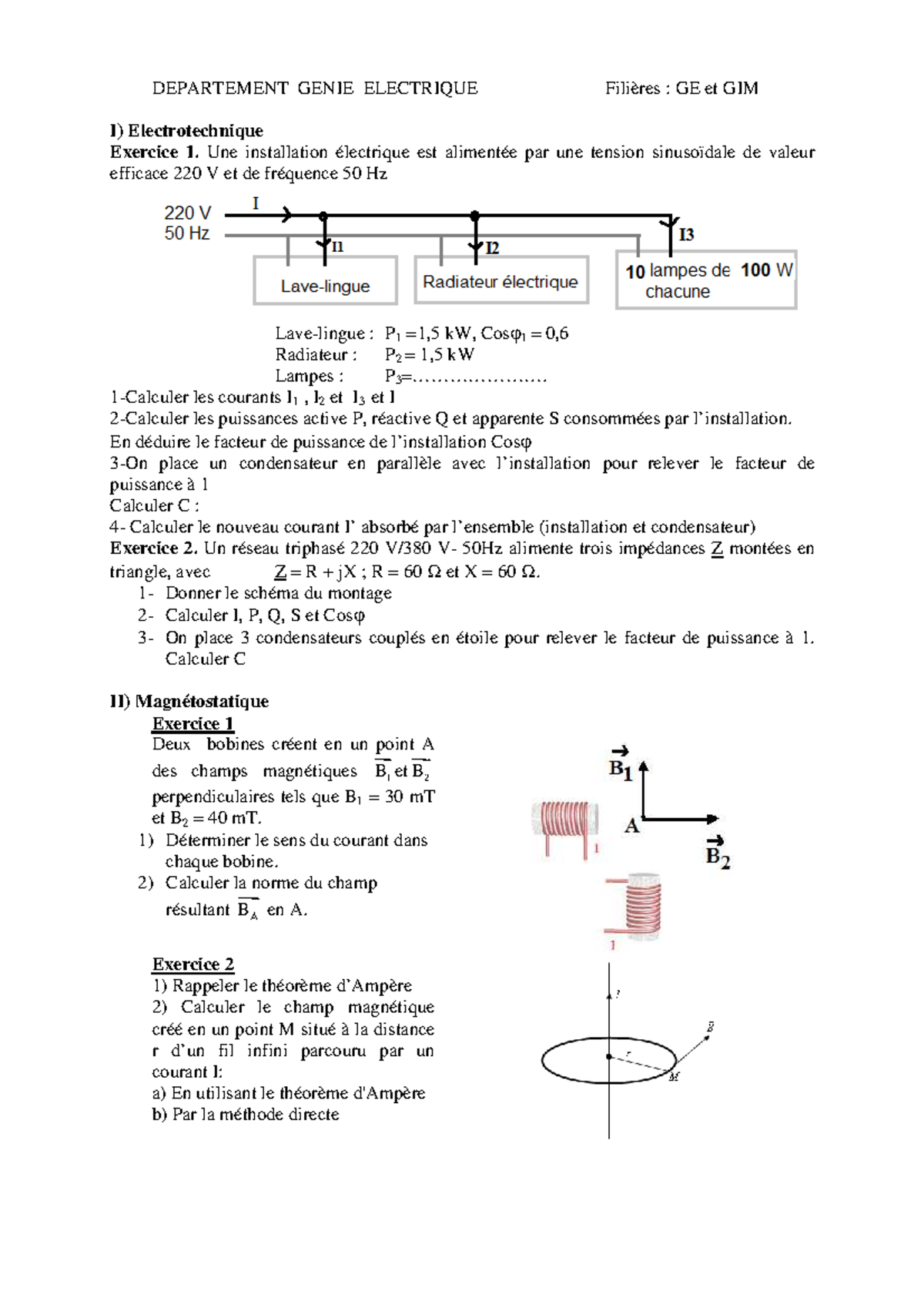 CC Electrotechnique+Magnétostatique - DEPARTEMENT GENIE ELECTRIQUE Filières : GE et GIM I) - Studocu