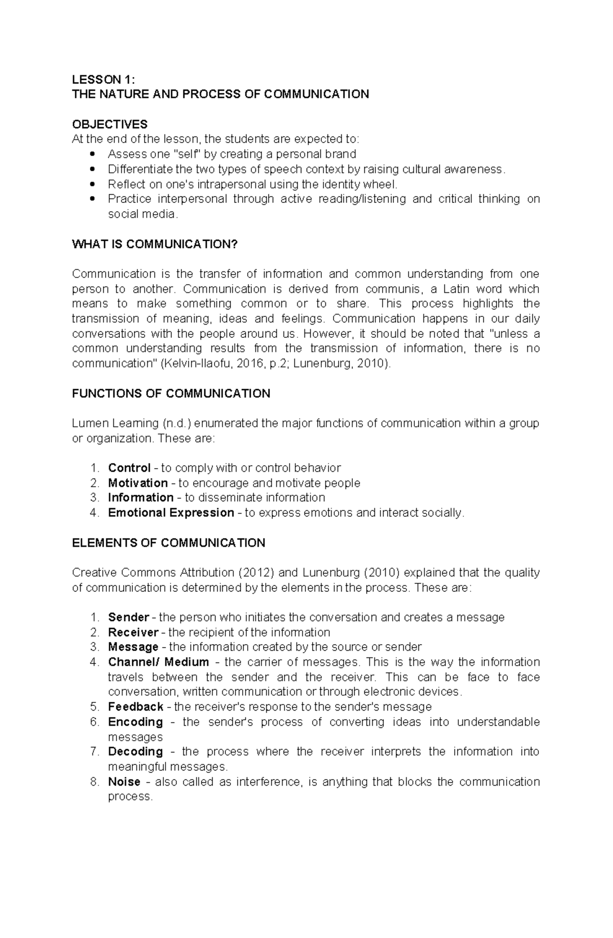 Lesson 1 - Nature of Communication - LESSON 1: THE NATURE AND PROCESS ...