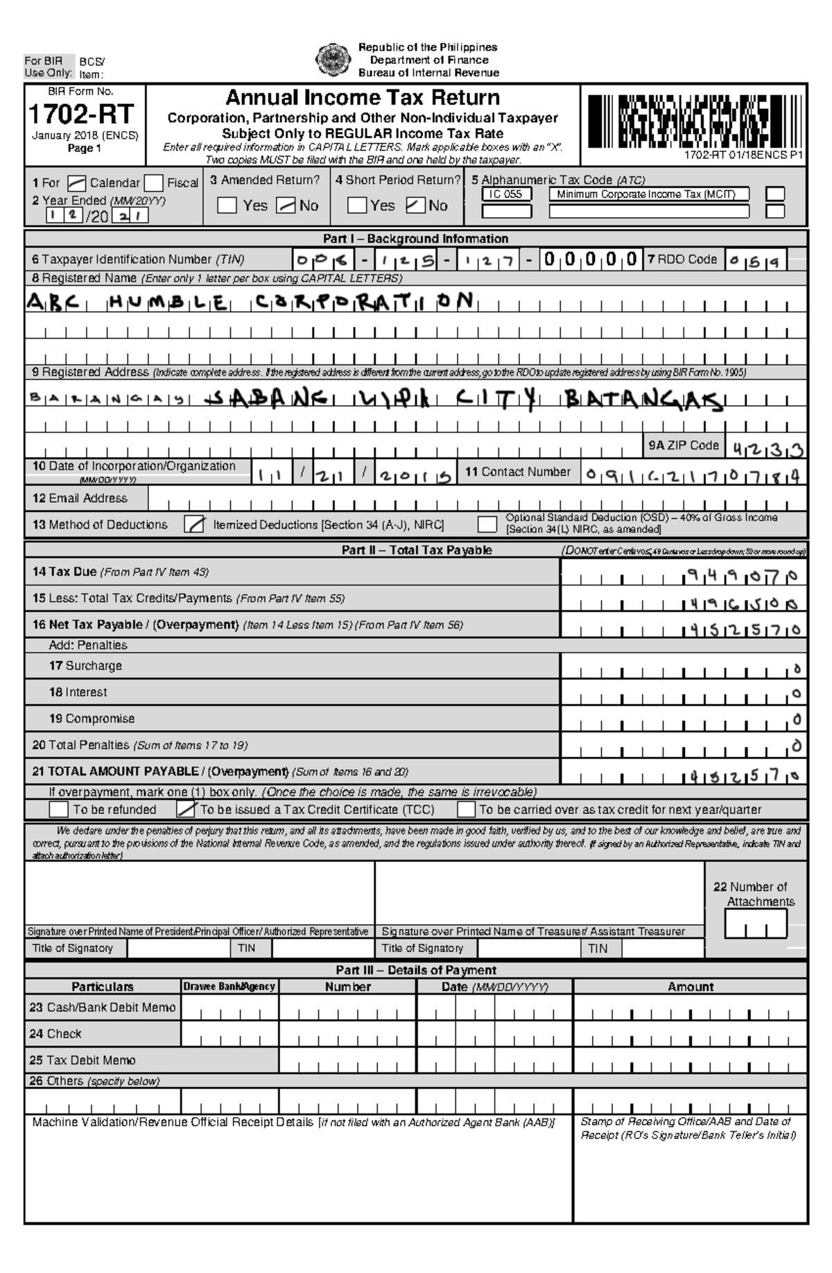 M3A Incotax ITR Basis - BIR Form No. 1702 -RT January 2018 (ENCS) Page ...