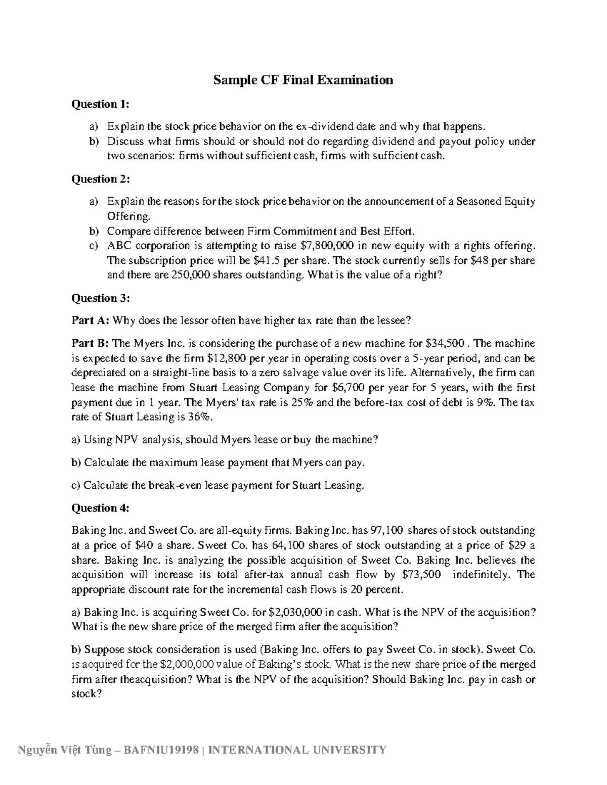 Sample-CF-Final-Examination - Sample CF Final Examination Question 1: a ...