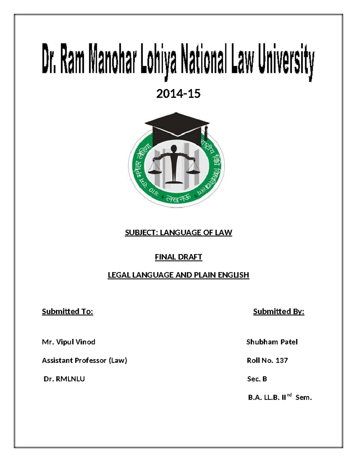 Legal English and Plain Language - 2014- SUBJECT: LANGUAGE OF LAW FINAL ...