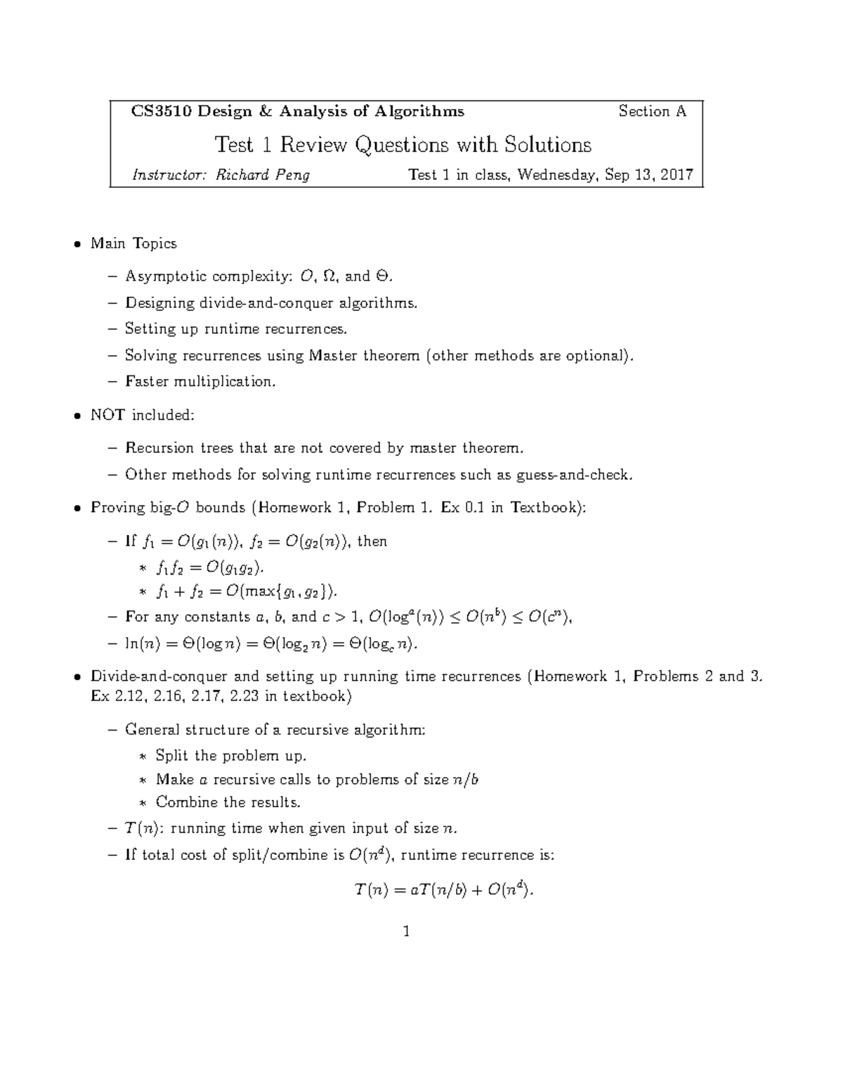 Test 1 Review Soln - Practice Tests - CS3510 Design & Analysis of ...