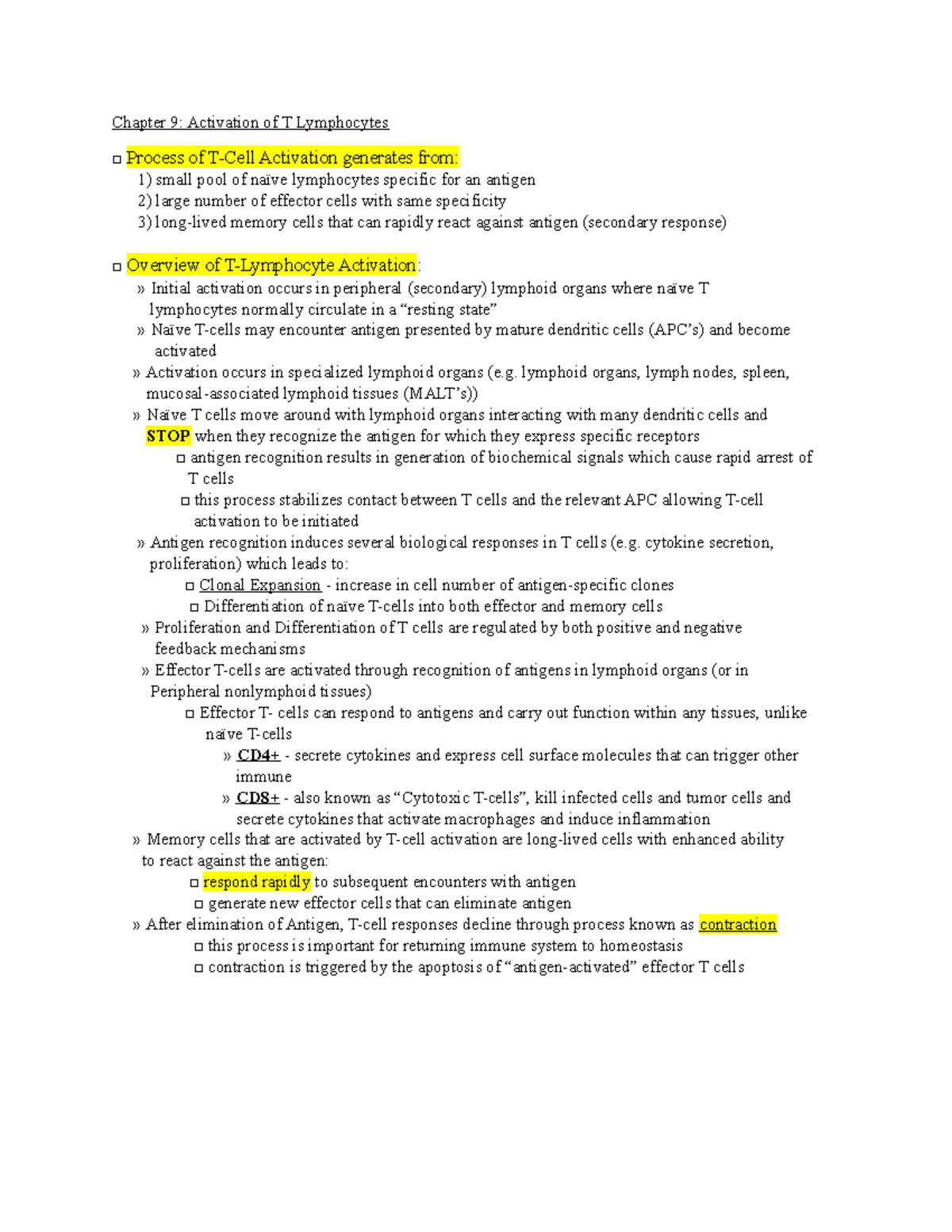 Chapter 9: Activation of T Lymphocytes - Note Outline - Chapter 9 ...