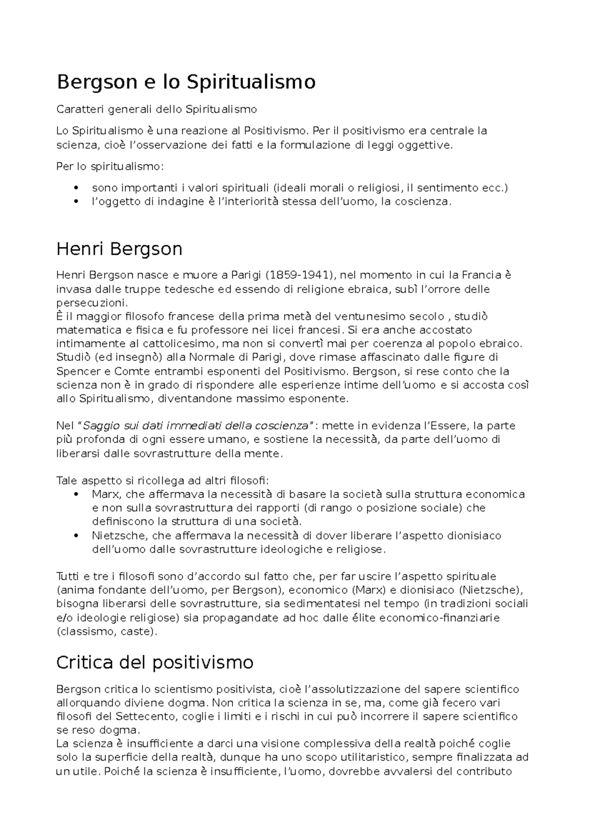 Lo Spiritualismo e Henri Bergson - Bergson e lo Spiritualismo Caratteri ...