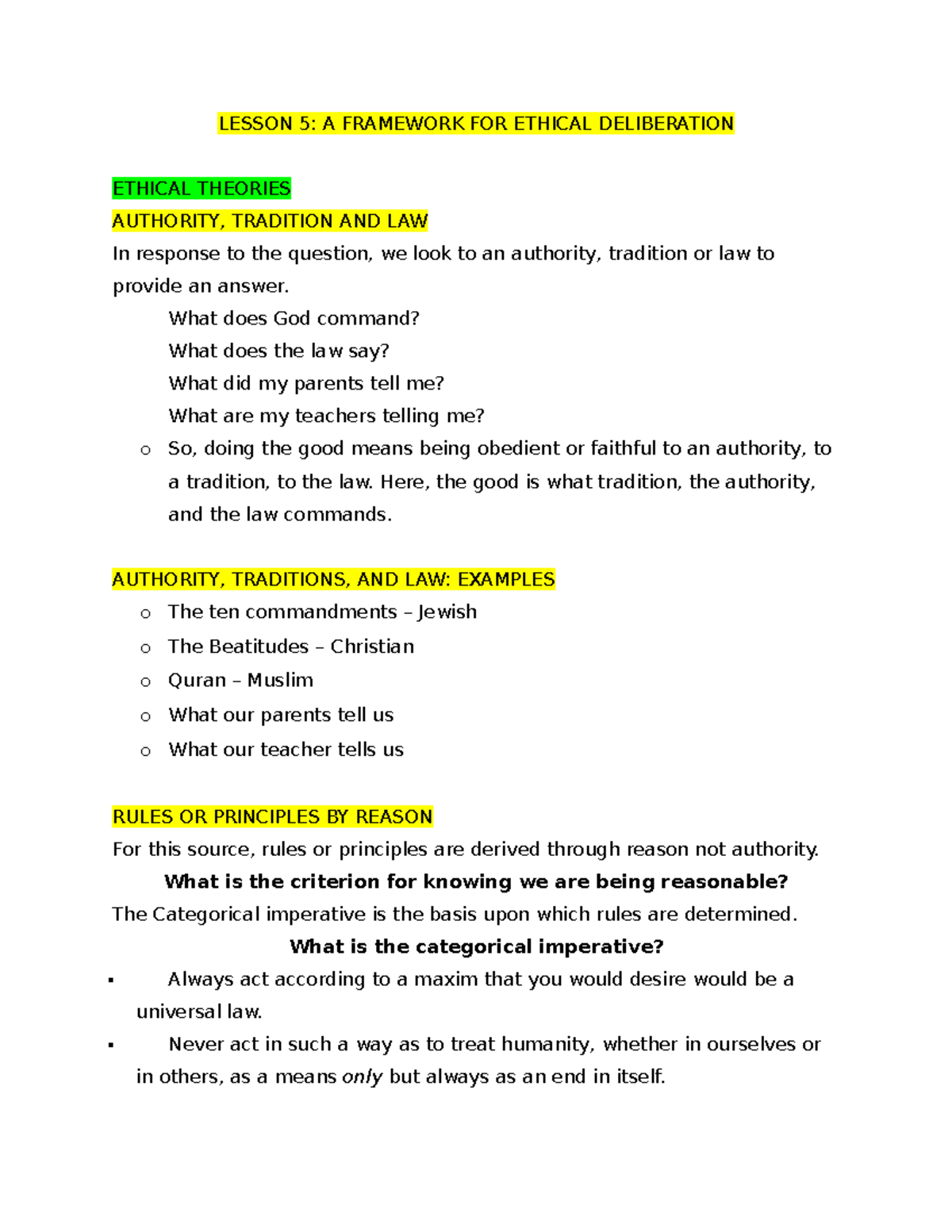 Lesson 5 - theo 204 - part 1 - LESSON 5: A FRAMEWORK FOR ETHICAL ...