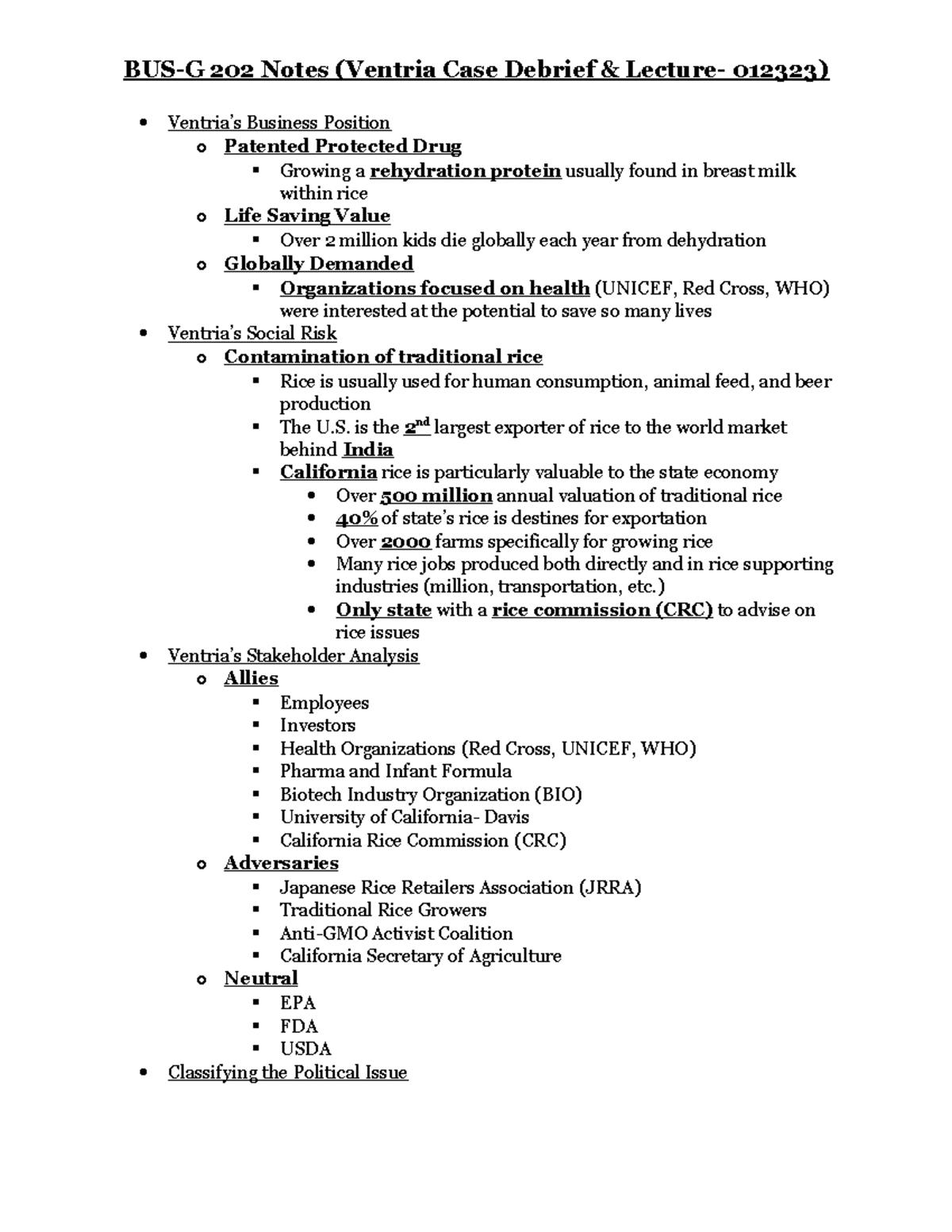 BUS-G 202 Notes 3 - BUS-G 202 Notes (Ventria Case Debrief & Lecture ...