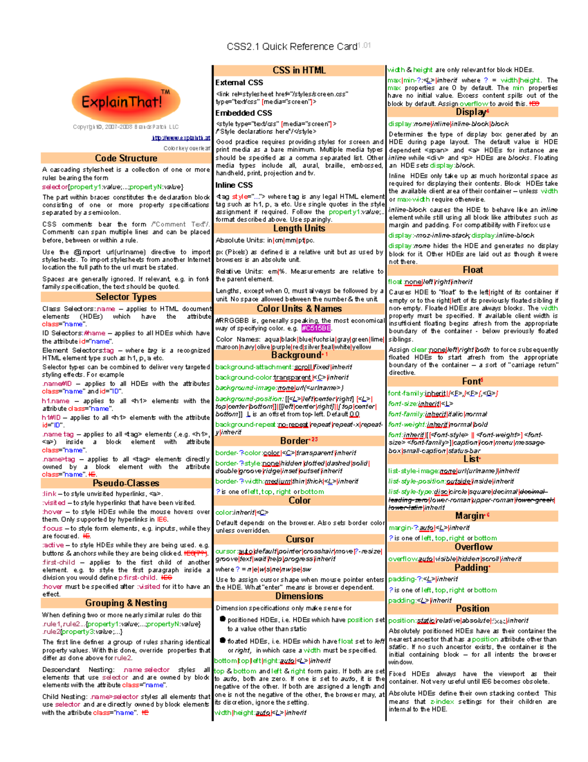 Cssquickcheet sheet exams - CSS2 Quick Reference Card1. Copyright ...