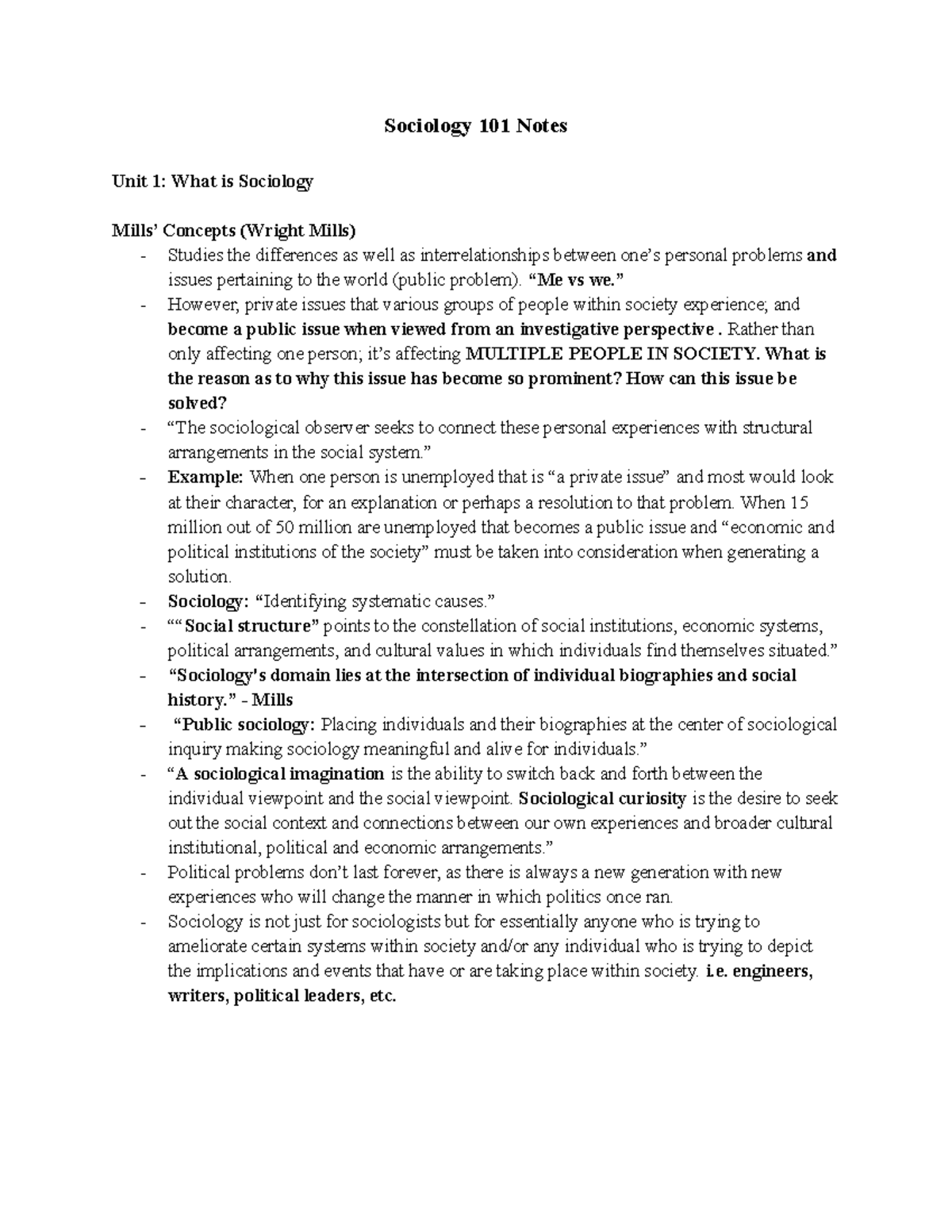 Sociology 101 Notes - Sociology 101 Notes Unit 1: What is Sociology ...