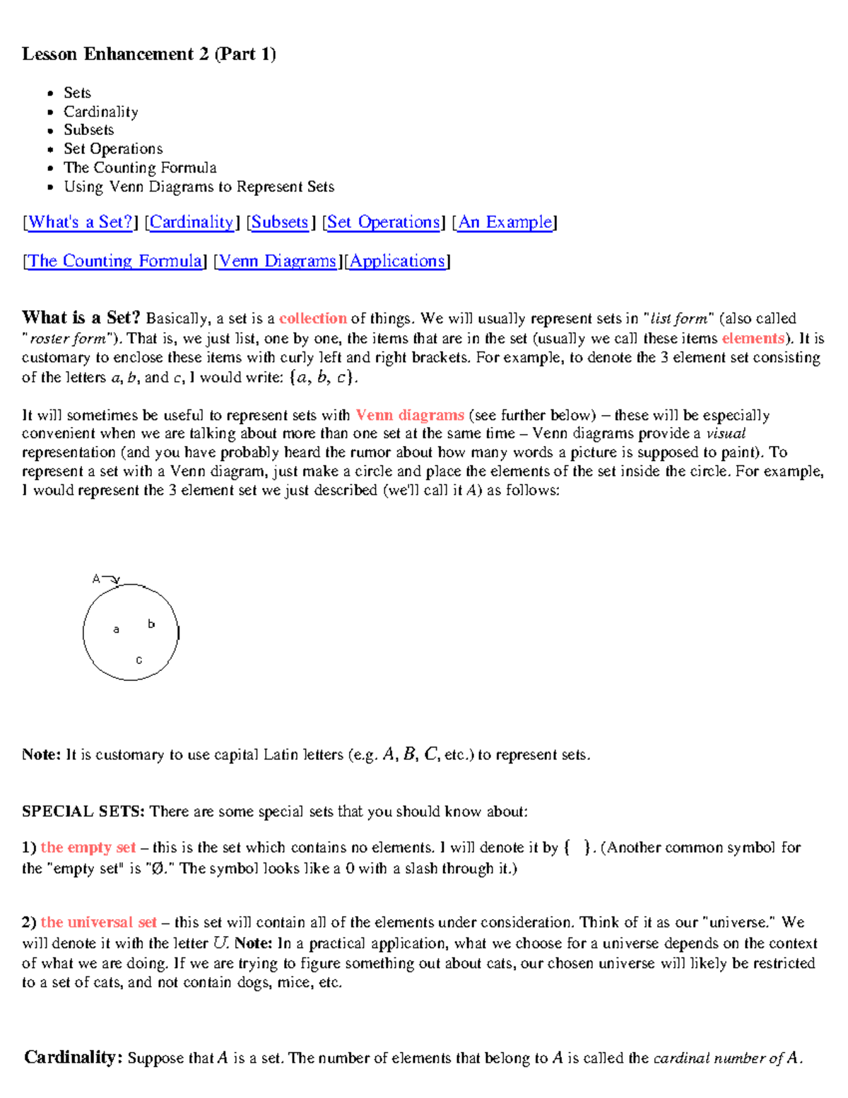 LE 2 (Part 1) - Lesson 2 practice - Lesson Enhancement 2 (Part 1) Sets Cardinality Subsets Set ...