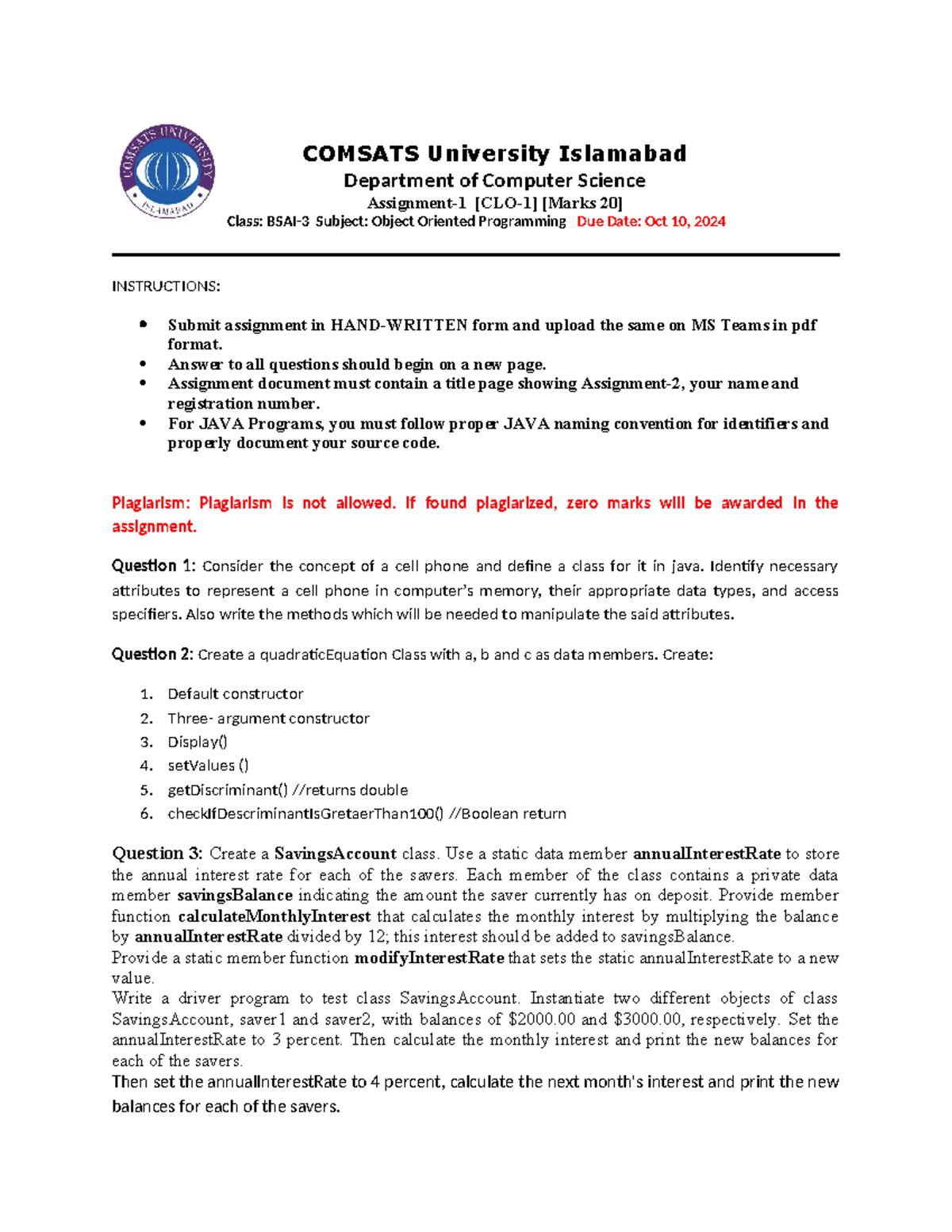 Assignment 00004 - COMSATS University Islamabad Department of Computer ...