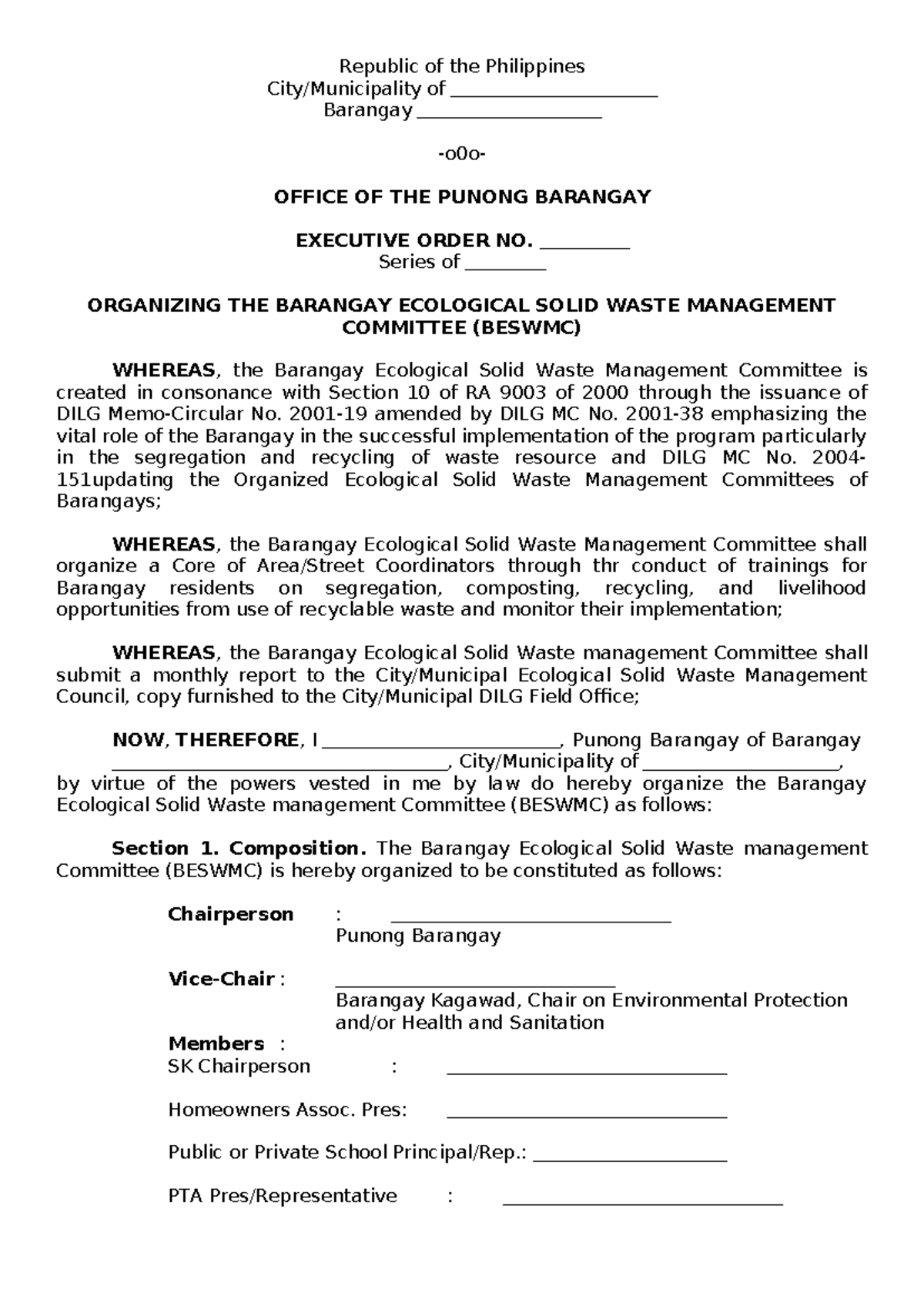Beswmc - Republic of the Philippines City/Municipality of Barangay -o0o ...