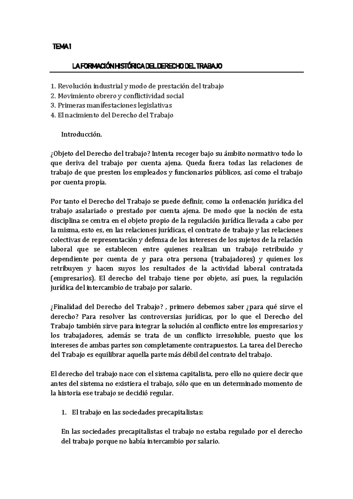 TEMA 1 Laboral - Prof Mónica Molina - TEMA 1 LA FORMACI”N HIST”RICA DEL DERECHO DEL TRABAJO ...