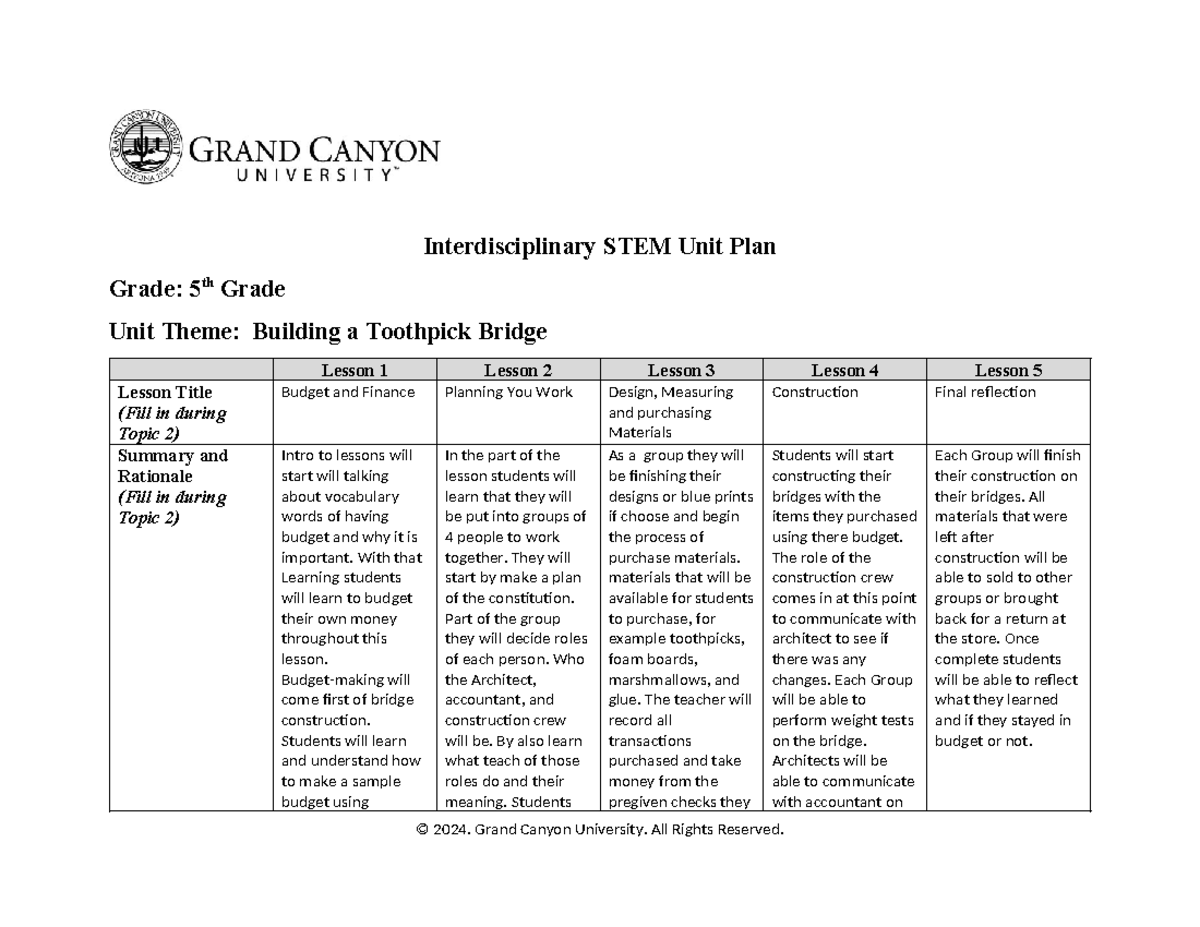 ELM-462-Unit Plan topic 3 - Interdisciplinary STEM Unit Plan Grade: 5 ...