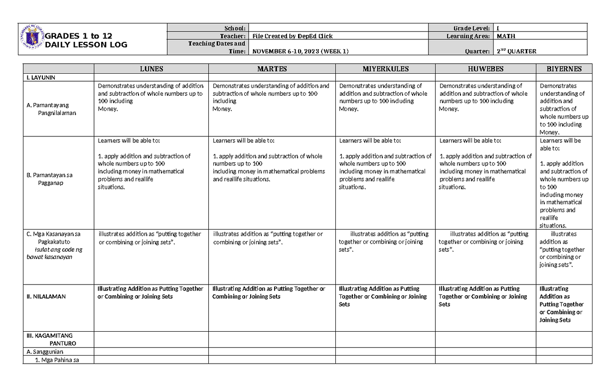 DLL MAT H 1 Q2 W1 - Dll - GRADES 1 to 12 DAILY LESSON LOG School: Grade ...