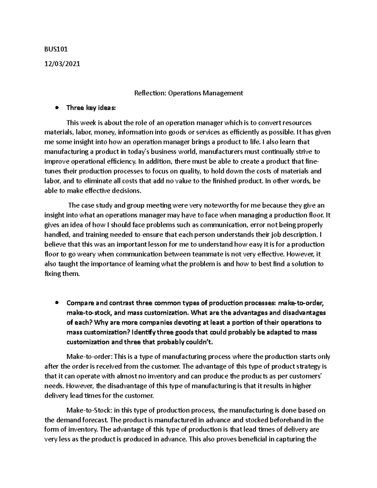 W12 Reflection Operations Management - BUS101 - BYU–Idaho - StuDocu