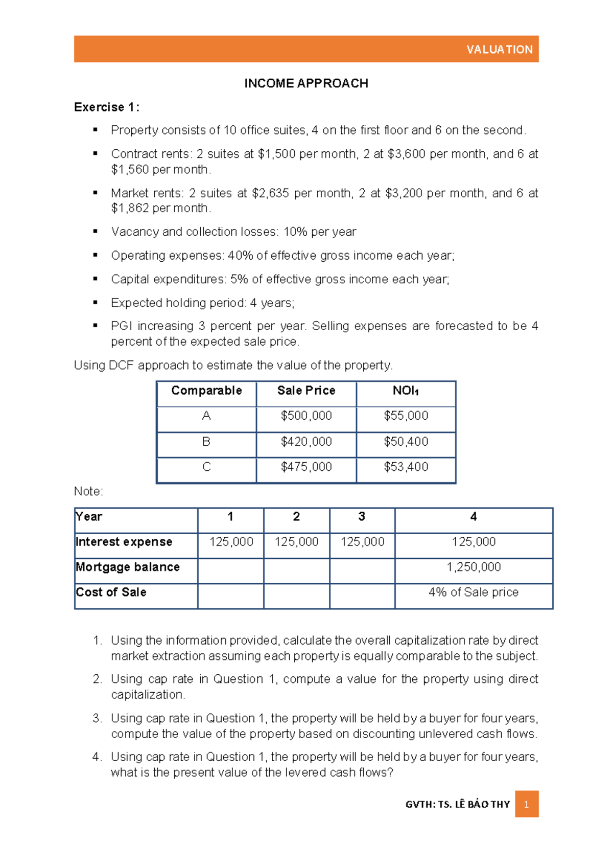 Exercise Income Approach - VALUATION GVTH: TS. LÊ BẢO THY 1 INCOME ...