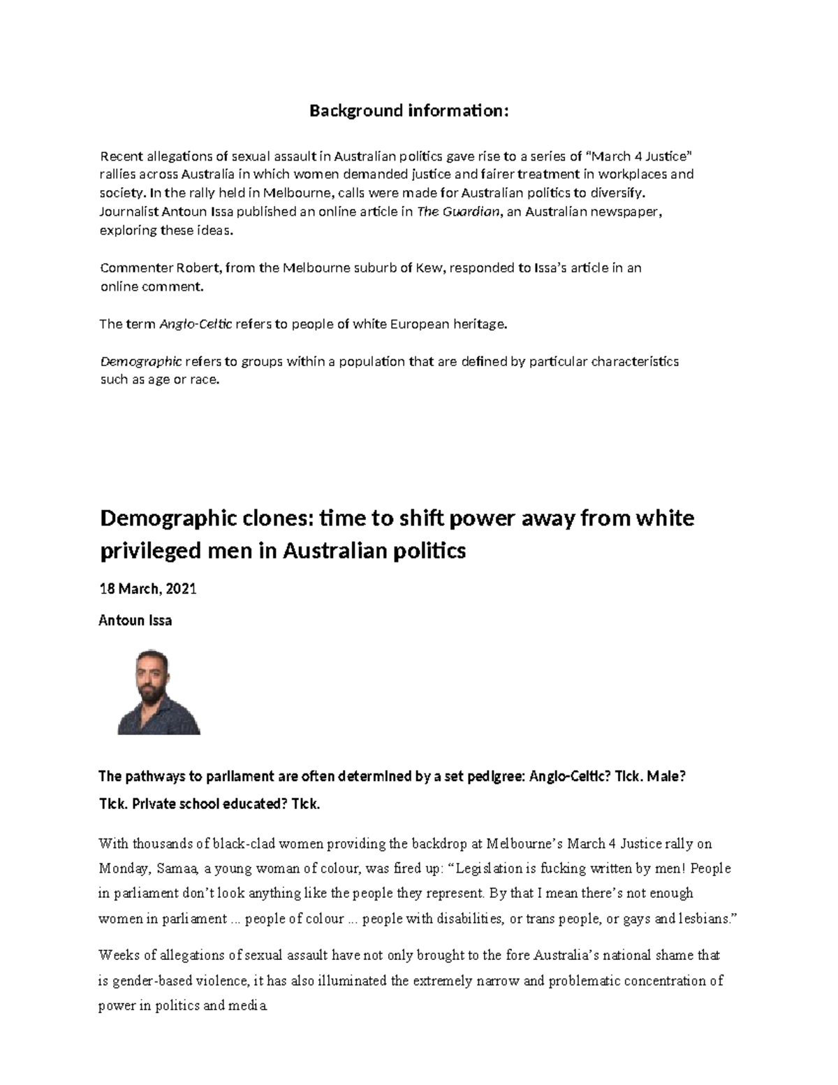 Antoun issa article - Background information: Recent allegations of ...