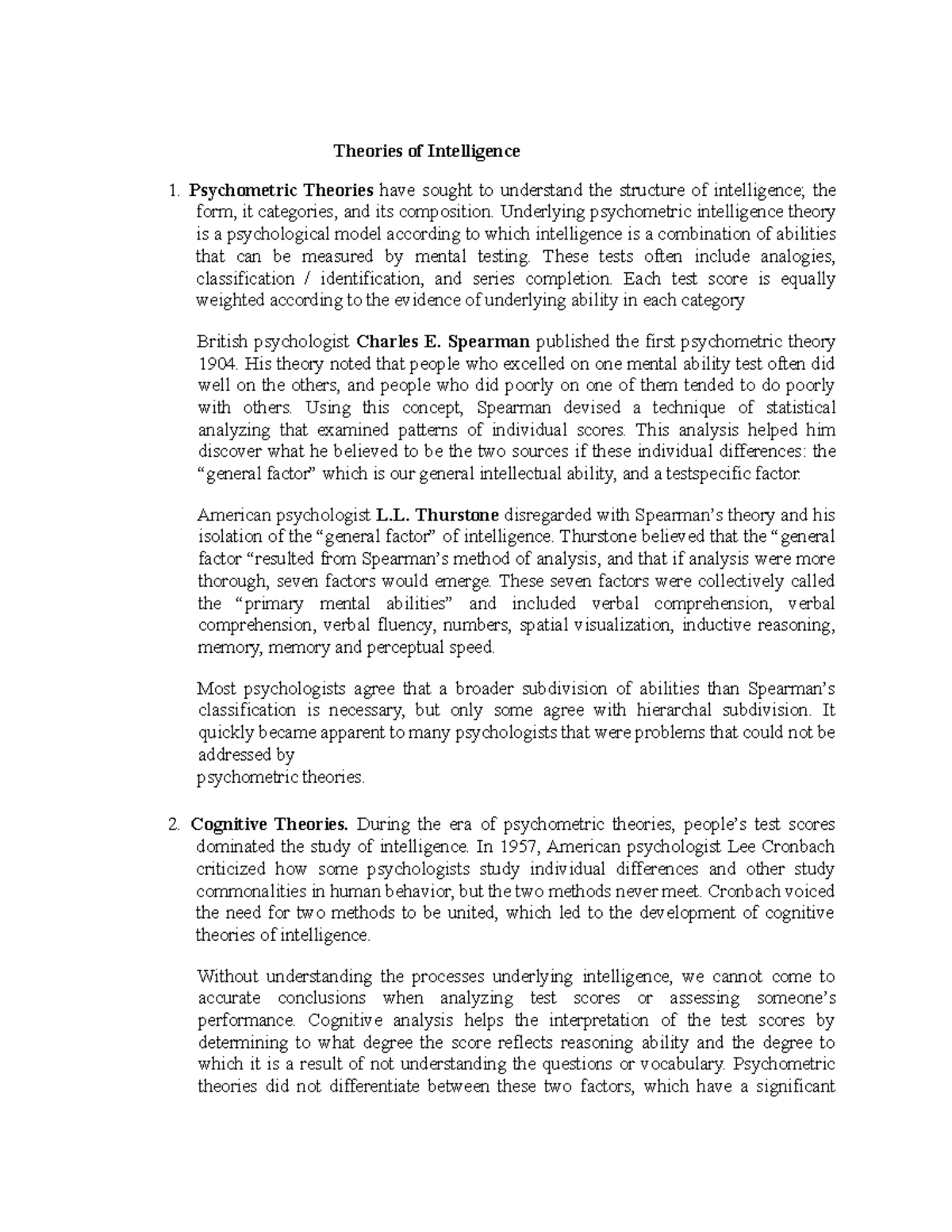 Theories of Intelligence - Theories of Intelligence Psychometric ...
