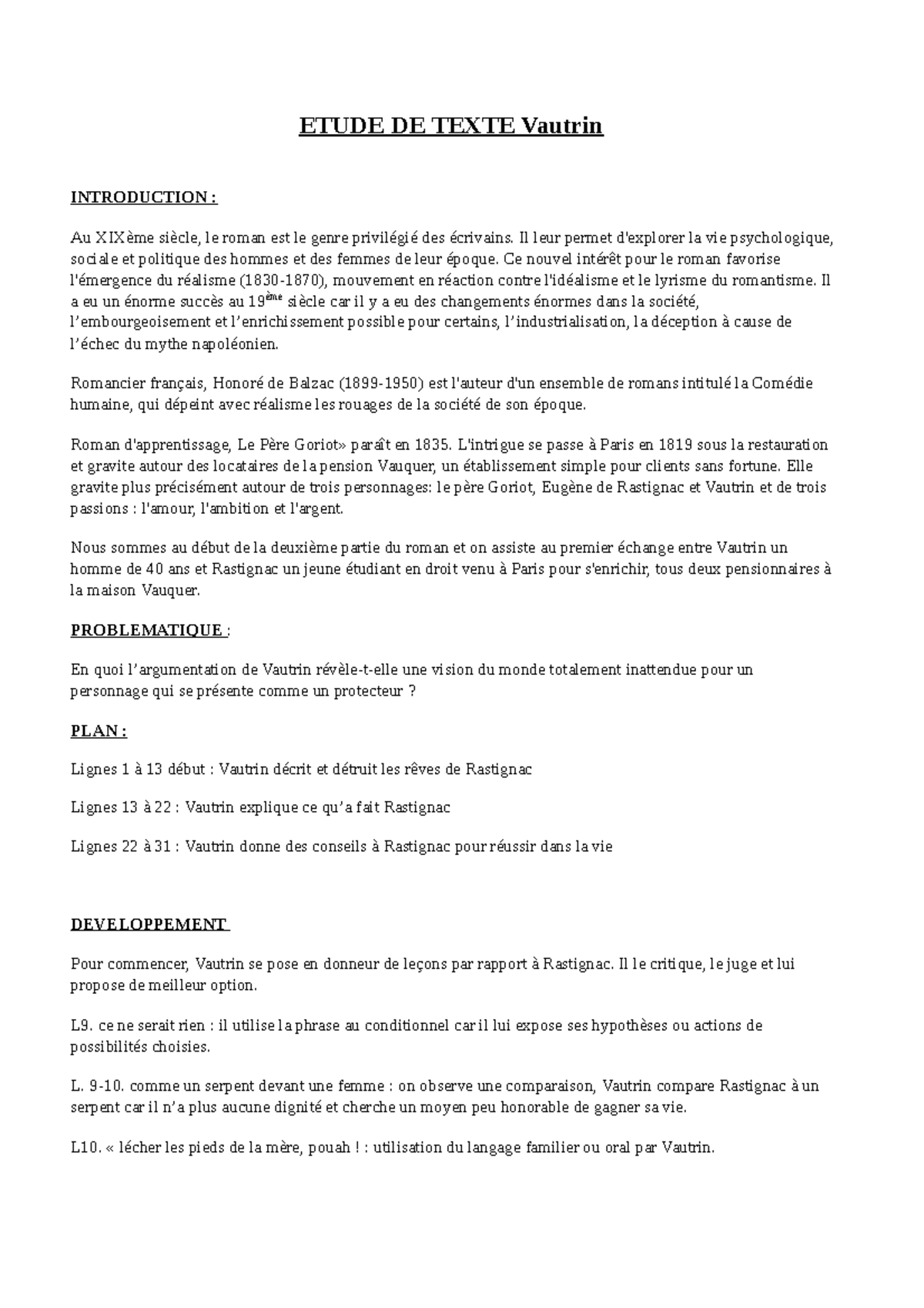 Etude DE Texte 1 Vautrin - ETUDE DE TEXTE Vautrin INTRODUCTION : Au ...