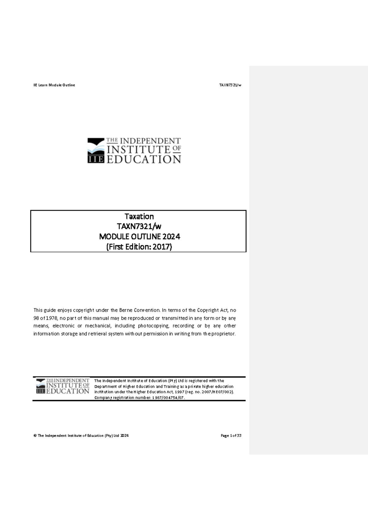 TAXN7321 MO - MODULE OUTLINE - Taxation TAXN7321/w MODULE OUTLINE 202 4 ...