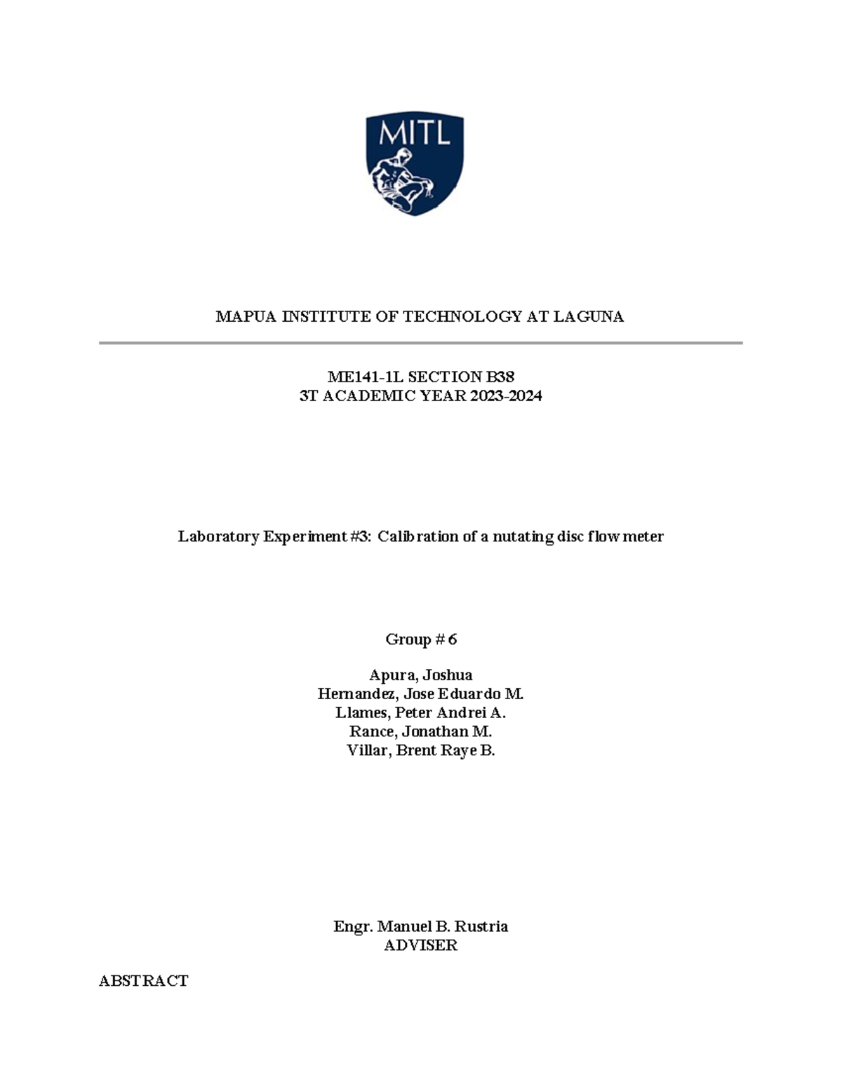 ME Lab Report 3 - MAPUA INSTITUTE OF TECHNOLOGY AT LAGUNA ME141-1L ...