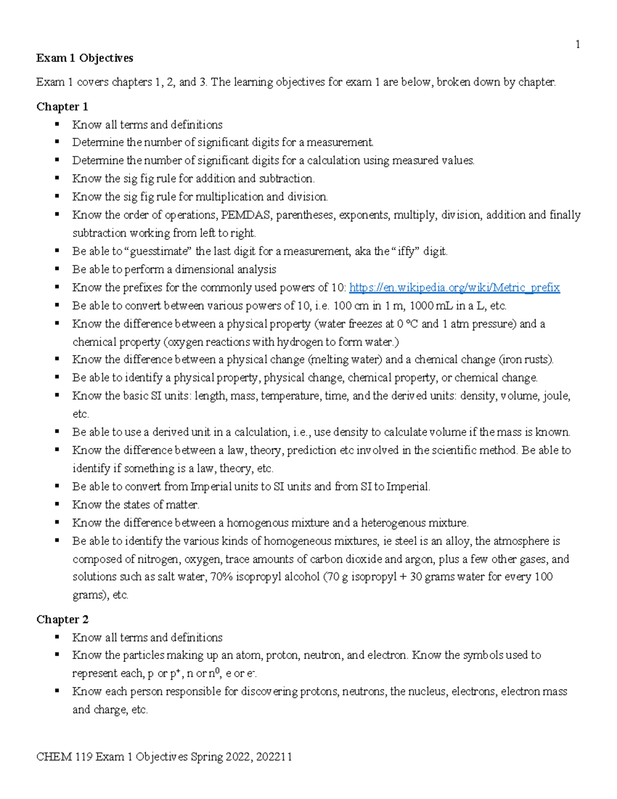 Exam 1 Objectives - important - CHEM 119 Exam 1 Objectives Spring 2022 ...