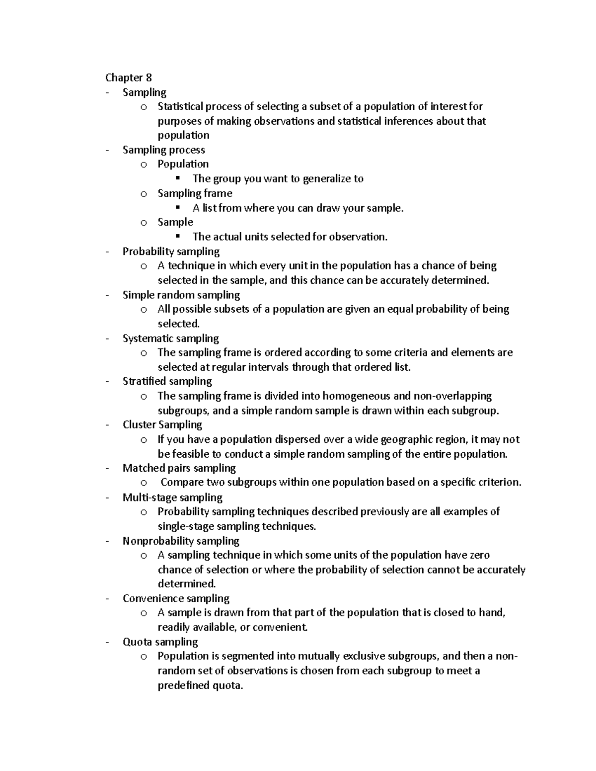 Chapter 8 Study Guide - Chapter 8 Sampling o Statistical process of ...