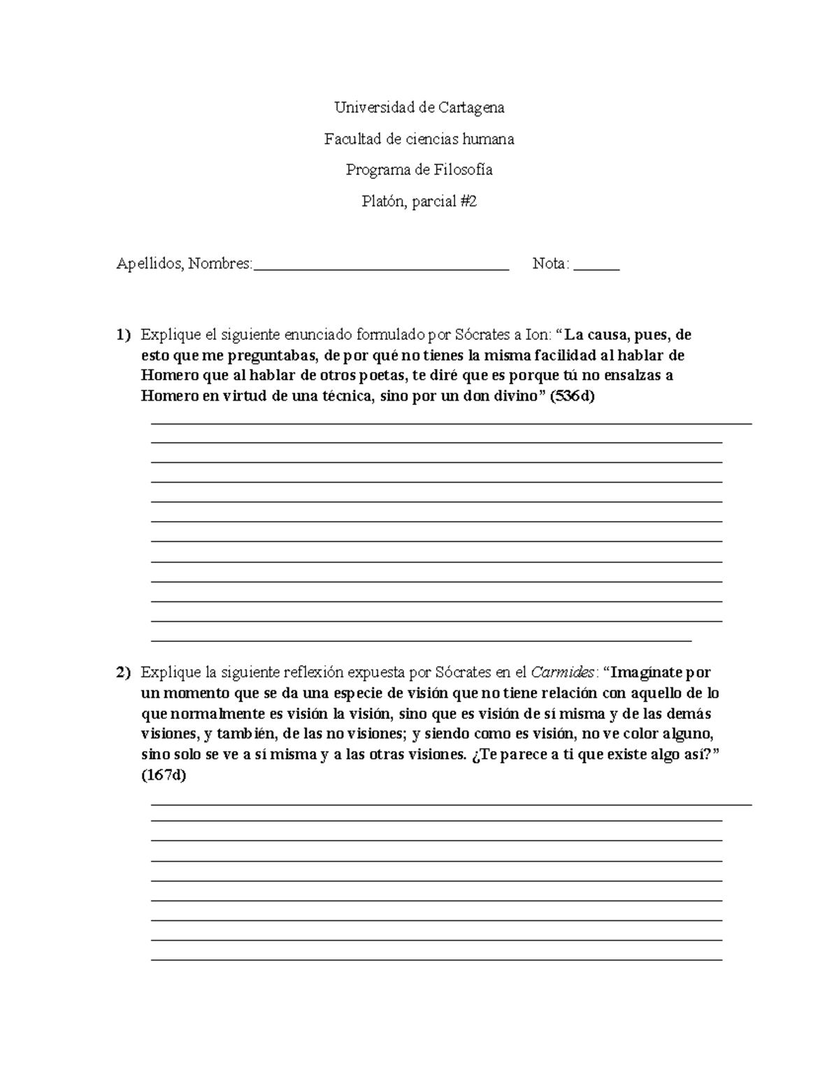 Parcial - corto y conciso - Universidad de Cartagena Facultad de ...