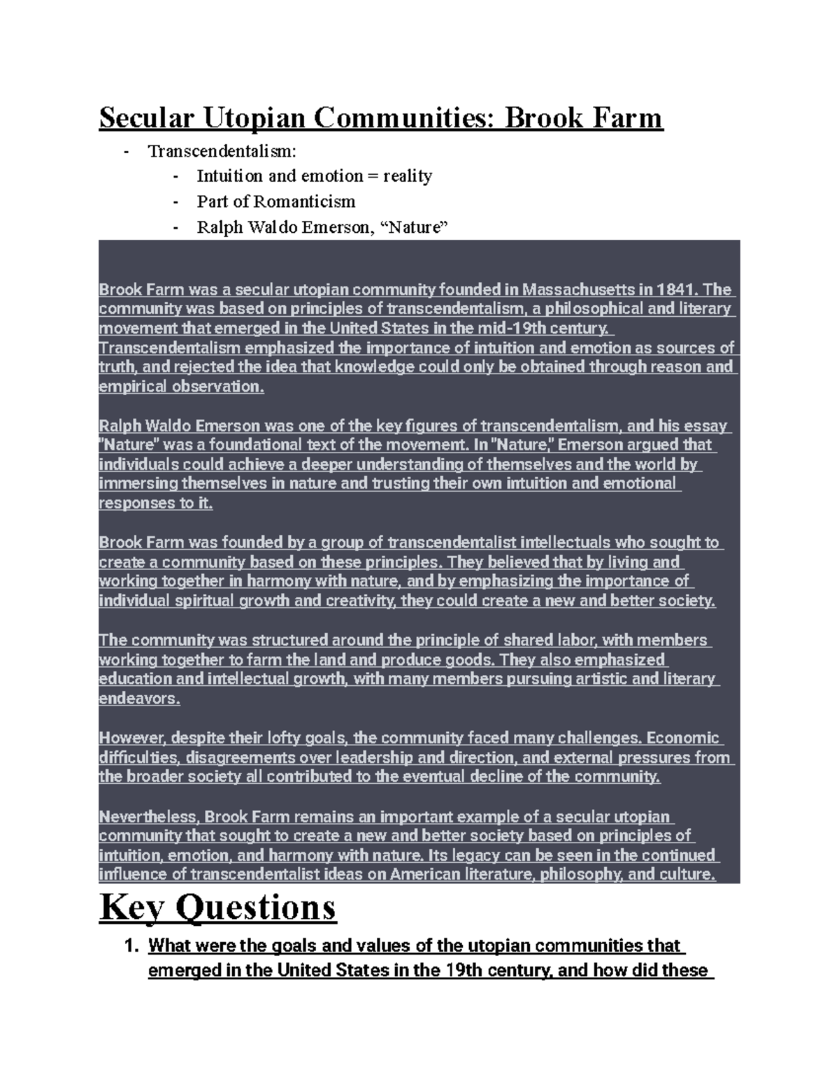 Secular Utopian Communities Brook Farm Key Questions - Secular Utopian ...