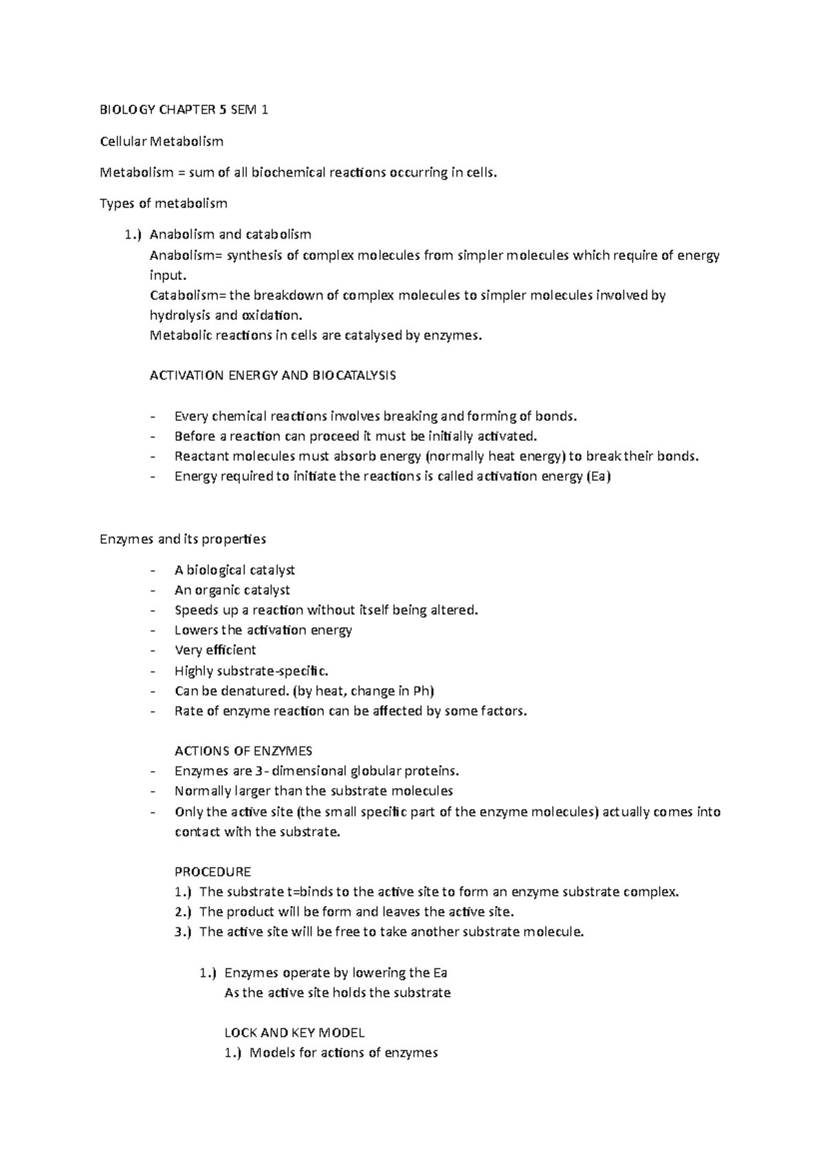 Biology Chapter 5 SEM 1 - BIOLOGY CHAPTER 5 SEM 1 Cellular Metabolism ...