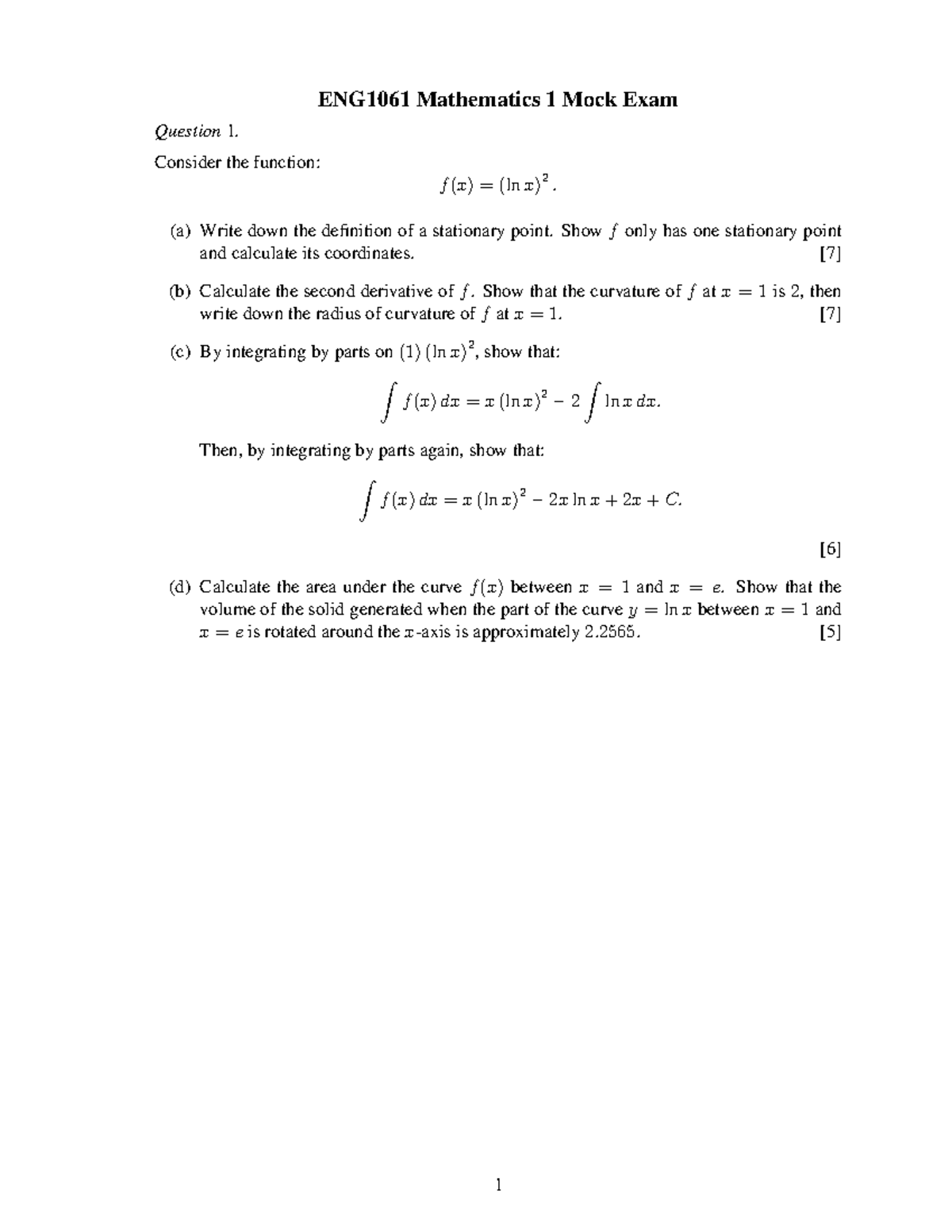 Mathematics 1 Mock Exam - ENG1061 Mathematics 1 Mock Exam Question 1 ...