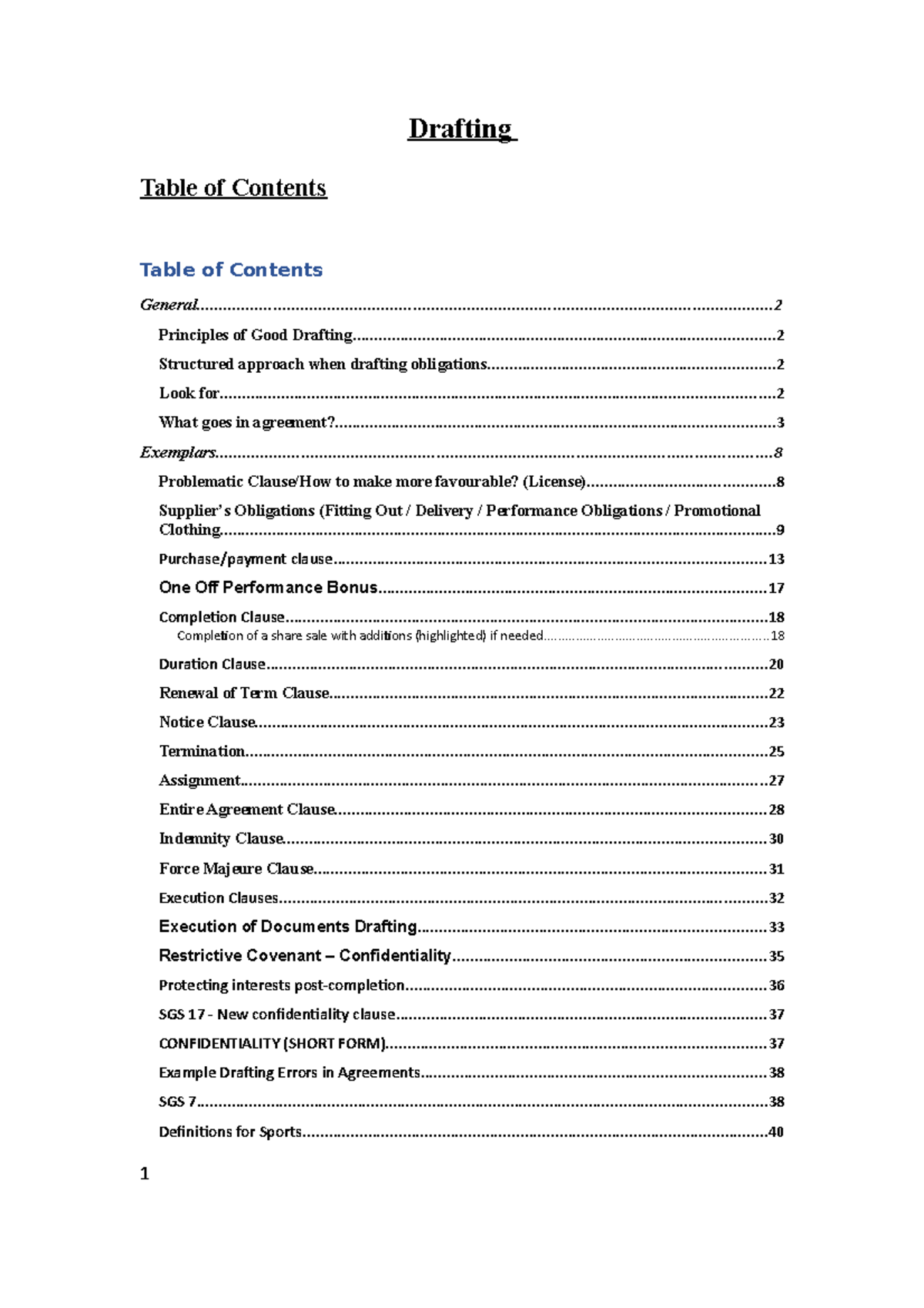 Drafting Notes for the BPP exam - Drafting Table of Contents - Studocu