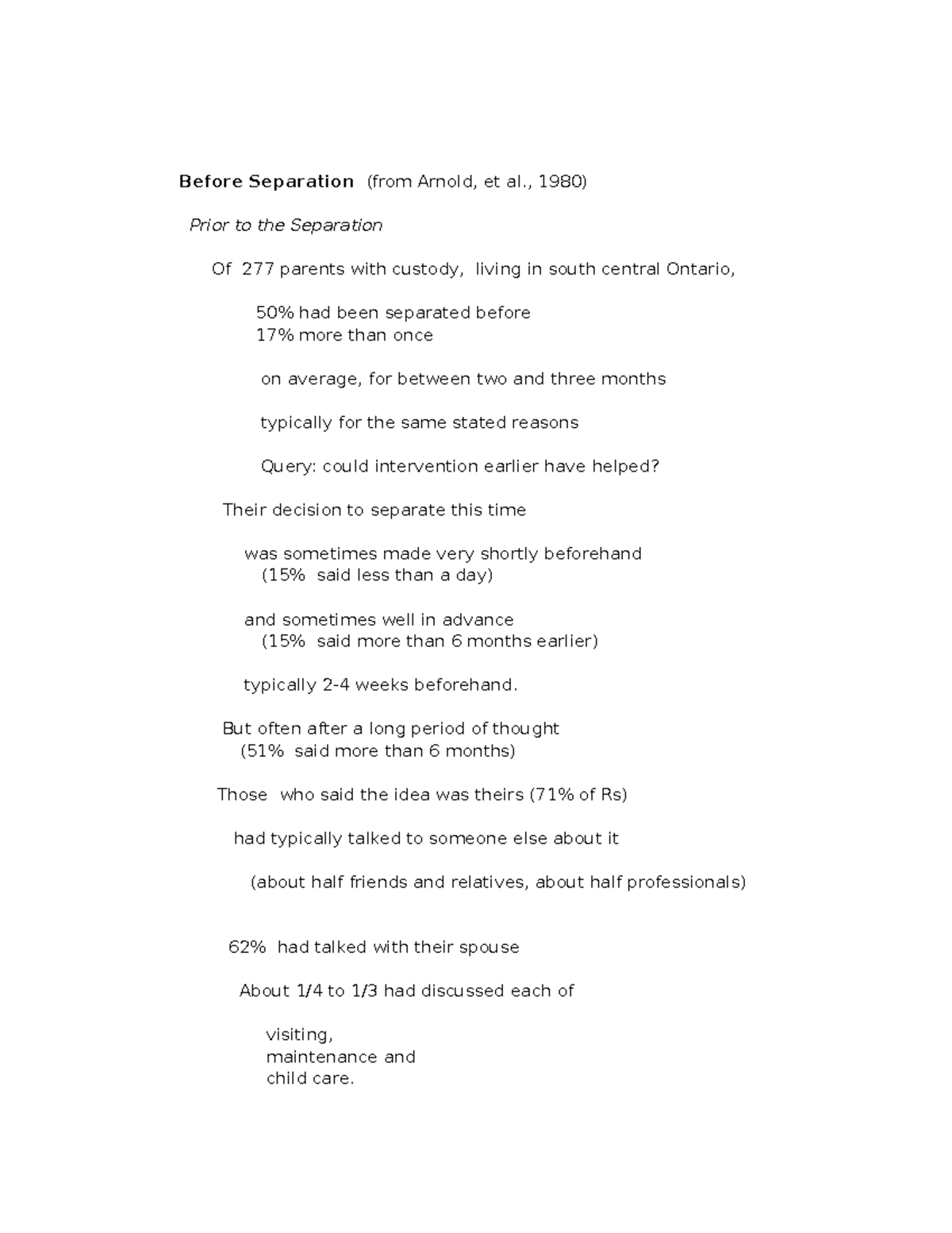 Divorce, part 2 - notes - Before Separation (from Arnold, et al., 1980 ...