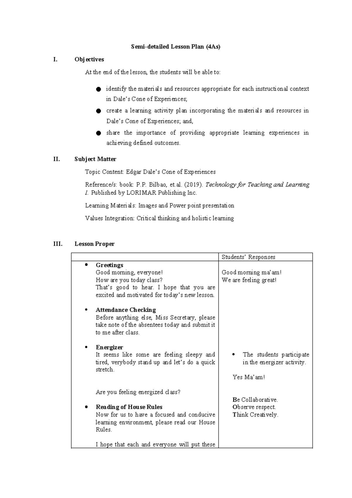 Lesson PLAN DALE'S CONE OF Experience - Semi-detailed Lesson Plan (4As ...