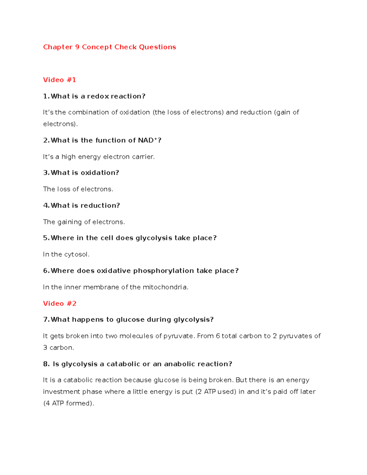 Chapter 9 concept check - Chapter 9 Concept Check Questions Video # 1 is a redox reaction? It’s ...