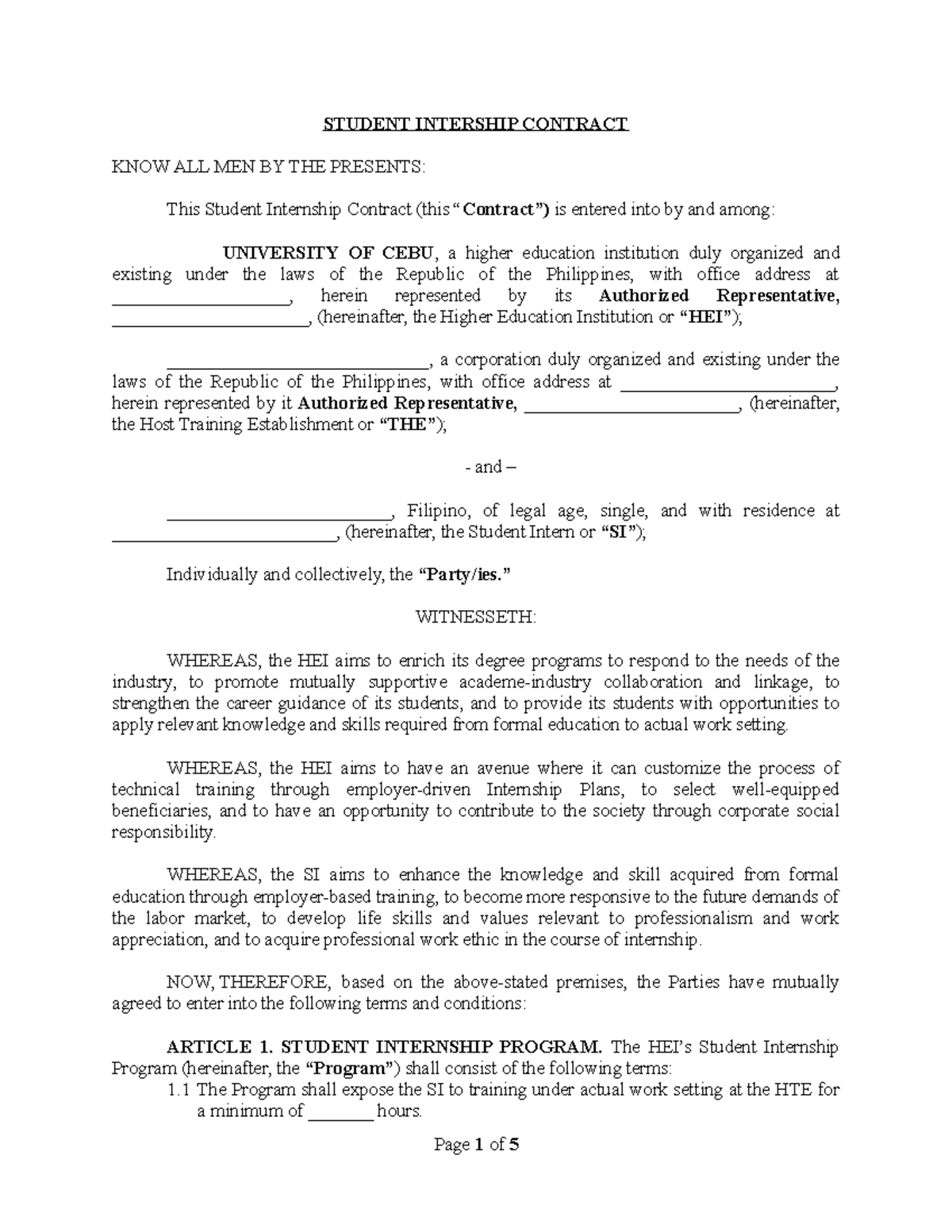 UC Internship contract For School Year 2020 2021 STUDENT INTERSHIP