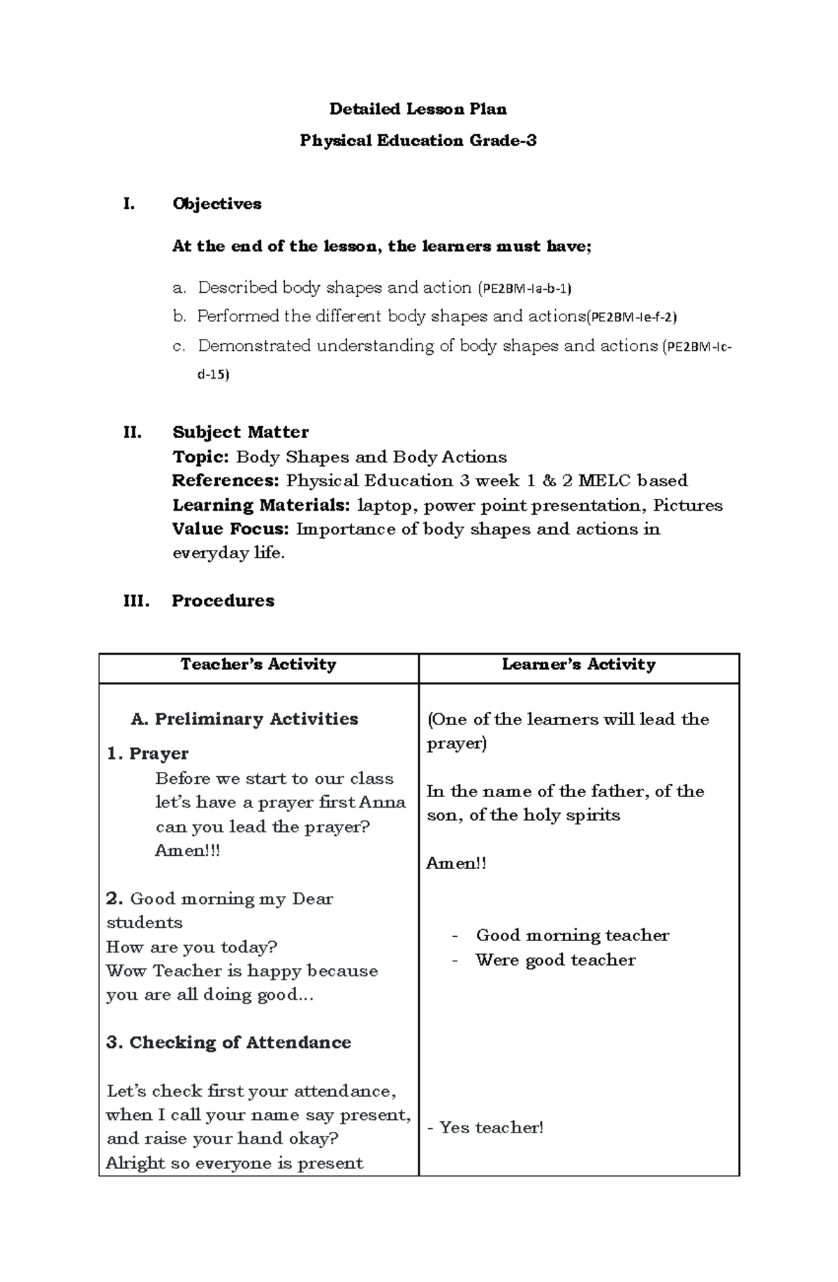 Detailed Lesson Plan PE 3 - Detailed Lesson Plan Physical Education ...
