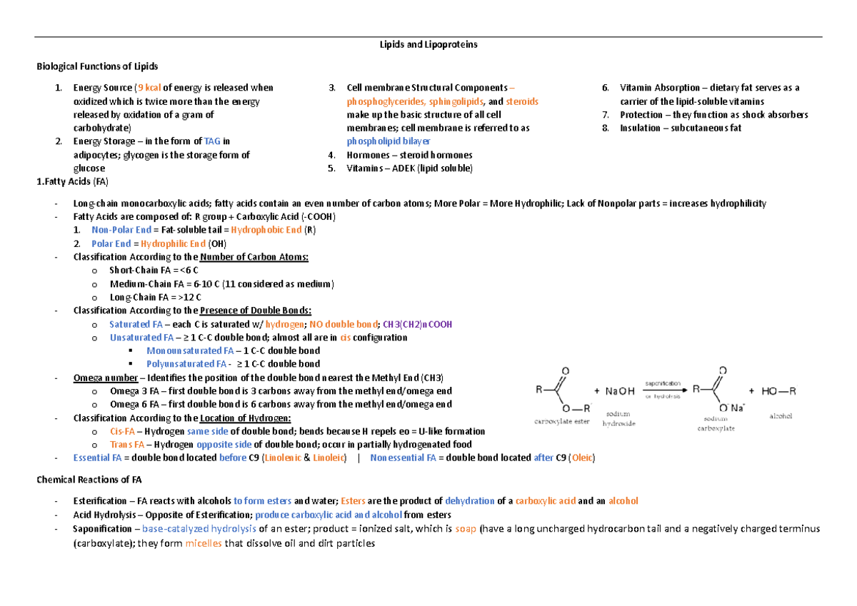 Cc lec finals crammed - notes - Lipids and Lipoproteins Biological ...