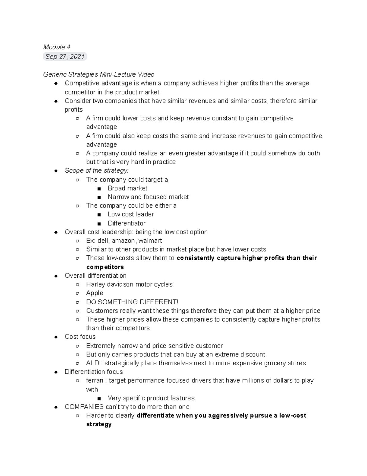 Strategy formulation module 4 - Module 4 Sep 27, 2021 Generic Strategies Mini-Lecture Video ...