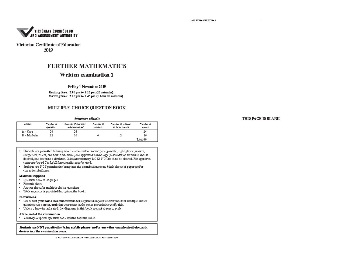2019 vcaa exam 1+2 - reeeeeee - FURTHER MATHEMATICS Written examination ...