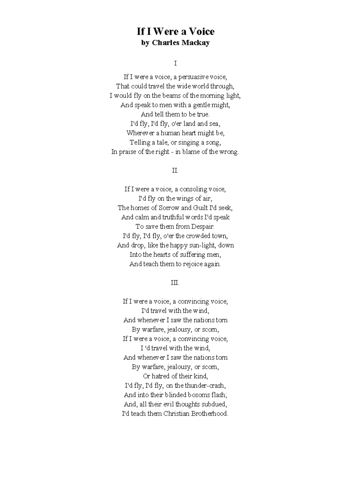 IF I WERE A Voice Speech Choir - If I Were a Voice by Charles Mackay I ...