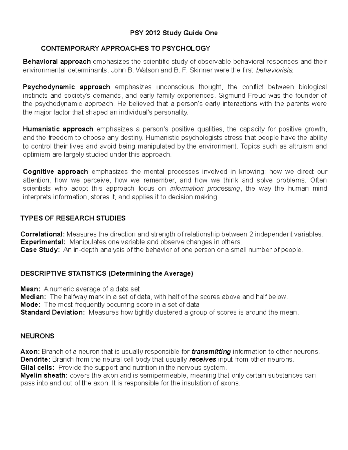 PSY2012 -Study Guide One-Fall2020 - PSY 2012 Study Guide One CONTEMPORARY APPROACHES TO ...