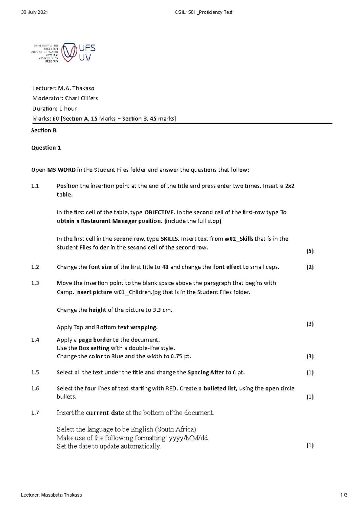 Question Paper - 30 July 2021 CSIL1561_Proficiency Test Lecturer: M ...