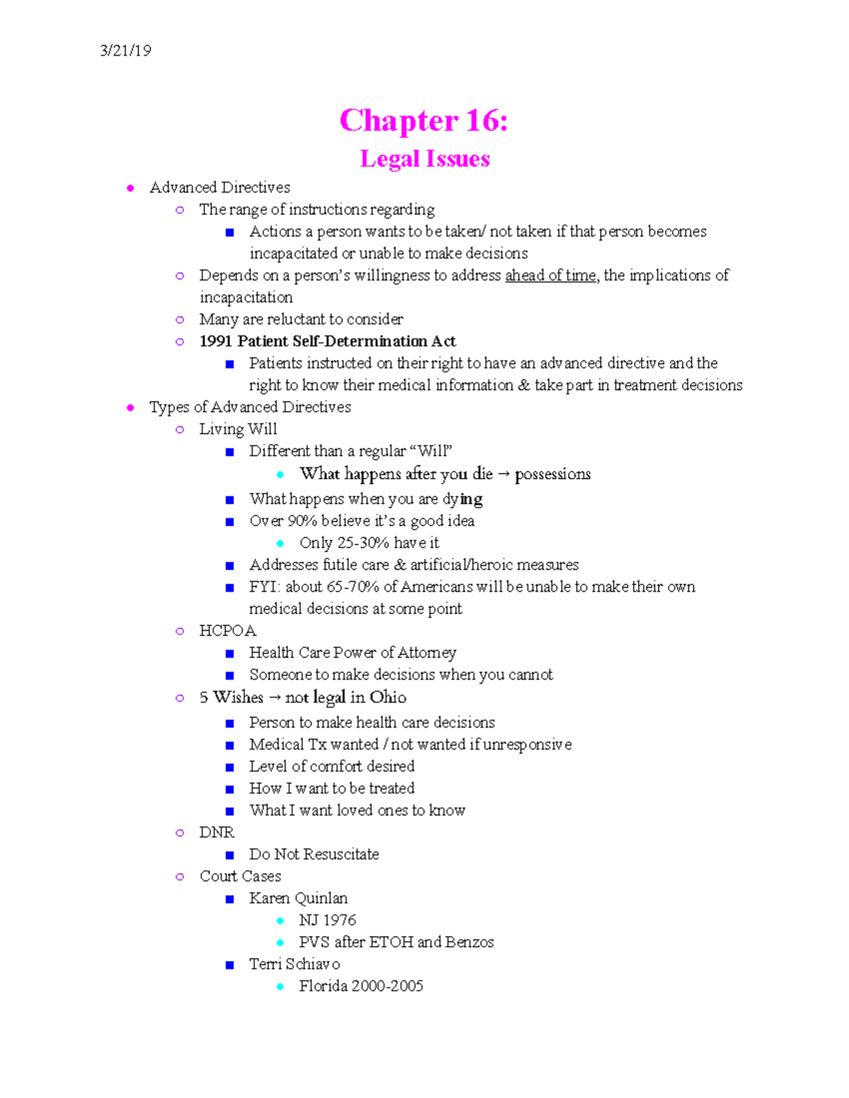 Chapter 16 - Chapter 16: Legal Issues Advanced Directives The range of ...