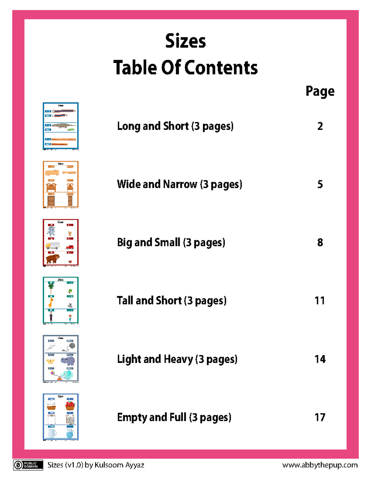 Sizes - math - Table Of Contents Page ####### Long and Short (3 pages ...