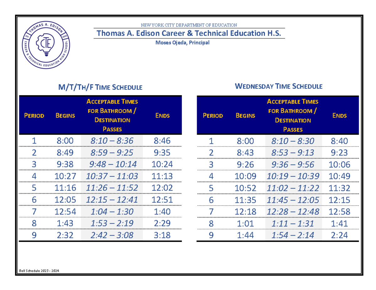 2023- 2024 Taehs Student Time Schedule - NEW YORK CITY DEPARTMENT OF ...