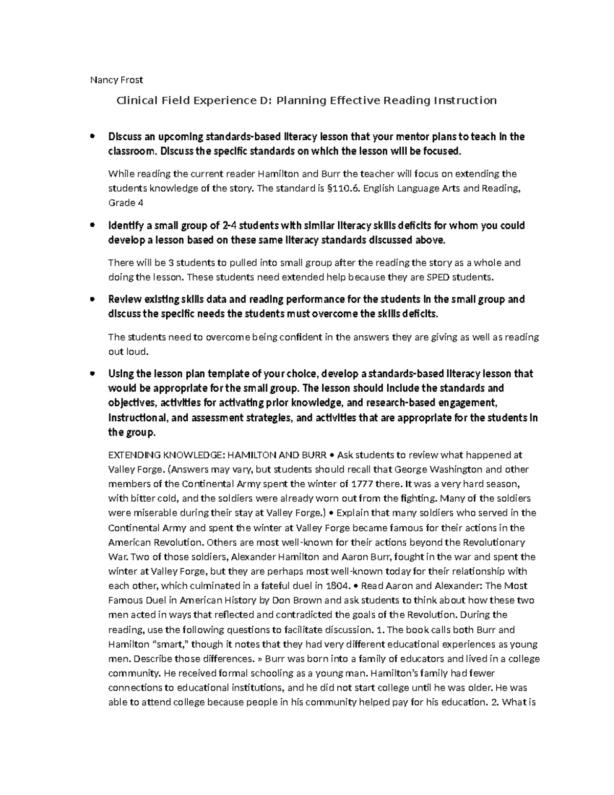 Field D - Nancy Frost Clinical Field Experience D: Planning Effective ...