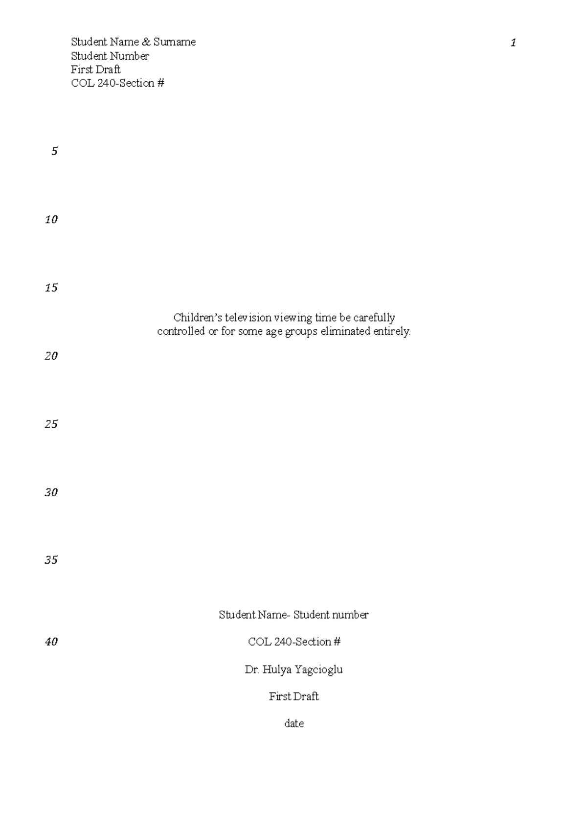 Sample Paper Faculty Children and TV - Student NumberFirst Draft COL ...